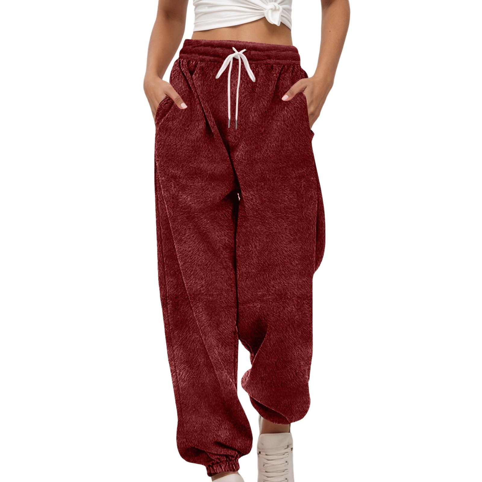Bibifish Womens Fuzzy Wide-Leg Pants Drawstring Waist Side Pockets ...