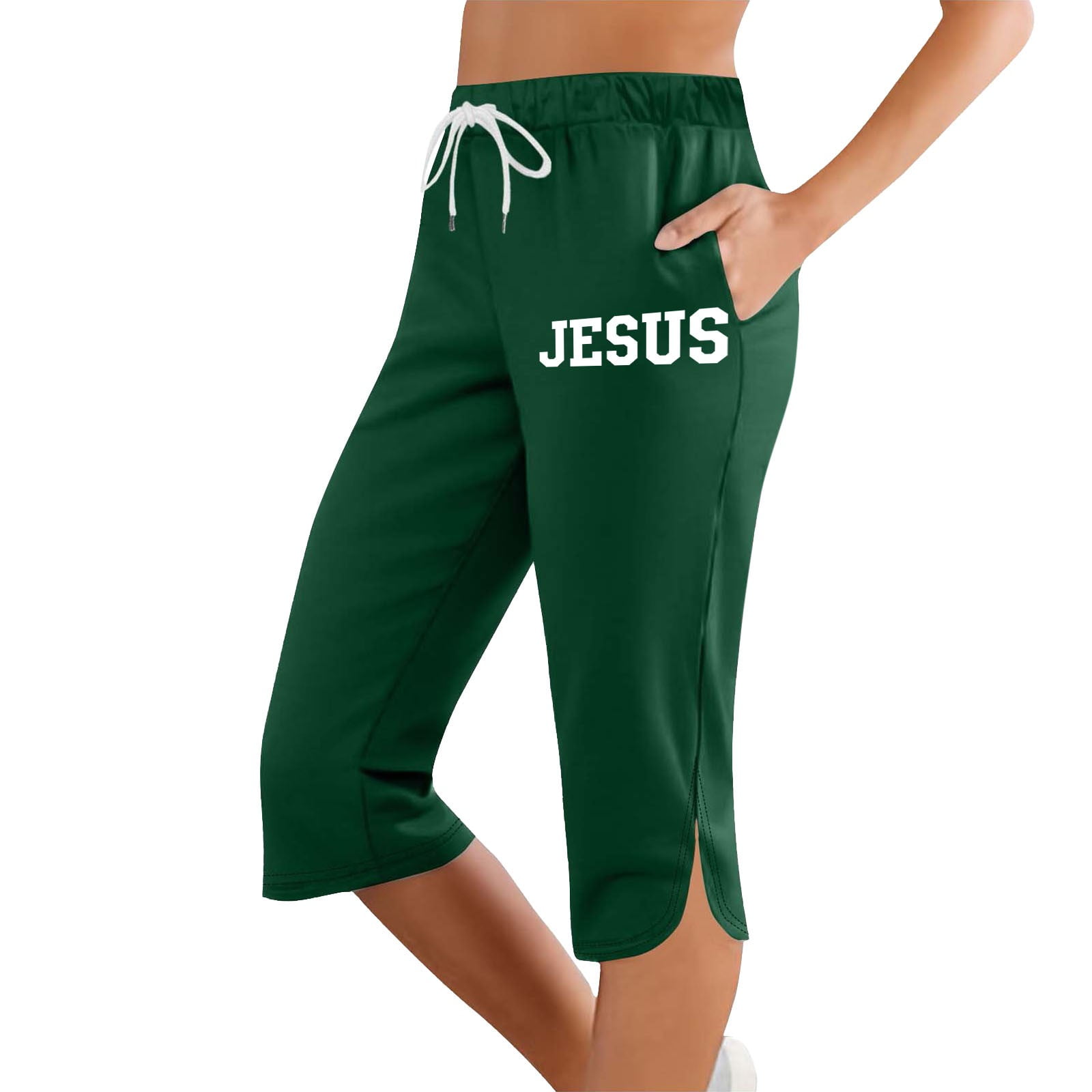 Bibifish Womens Graphic Capri Joggers "JESUS" Print Elastic Waist Knee ...