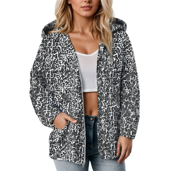 Bibifish Womens Gray Leopard Print Full Zip Hooded Coats With Side ...