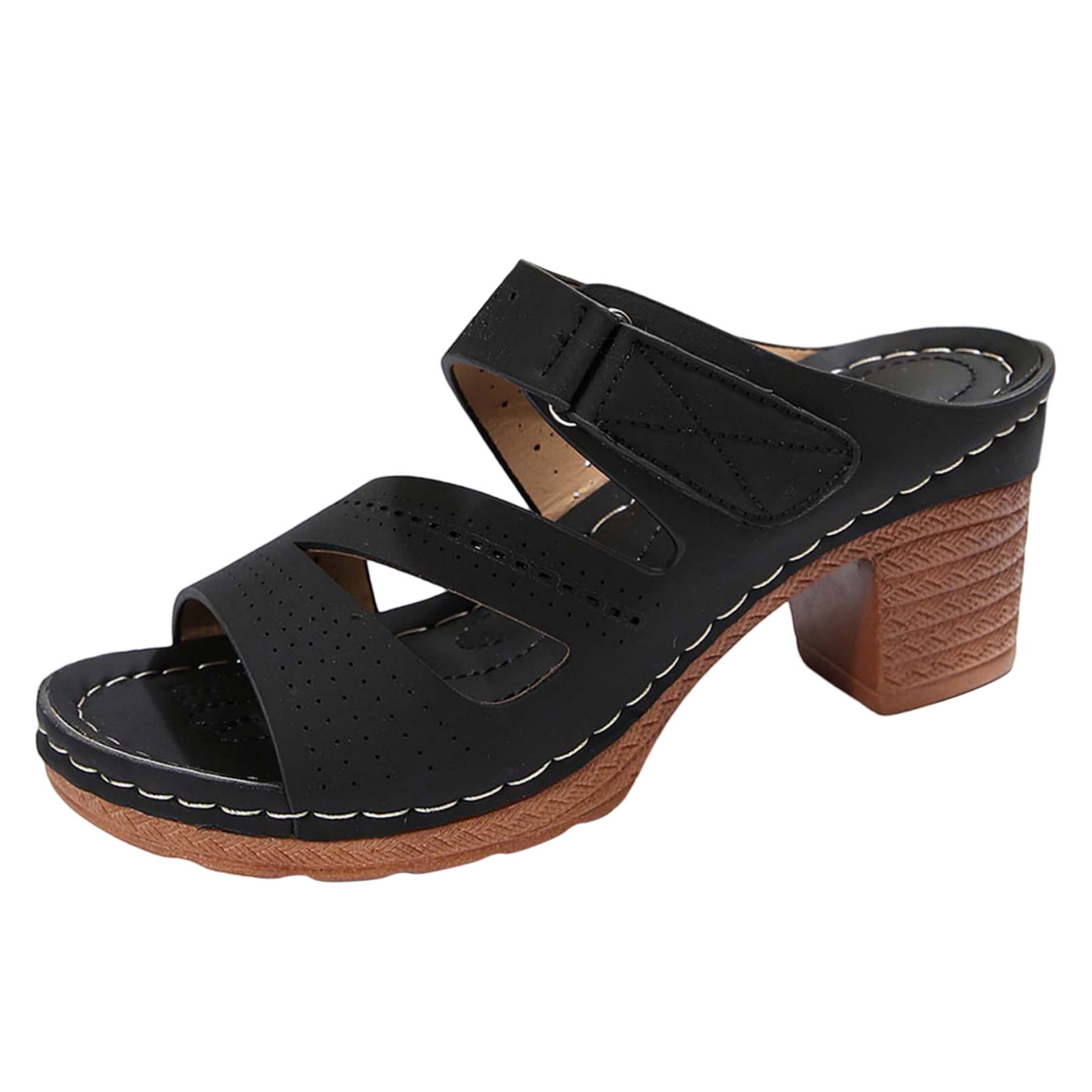 Bibifish Womens Heel Slide Open Toe Dual Hook Loop Cutout Leather Block ...
