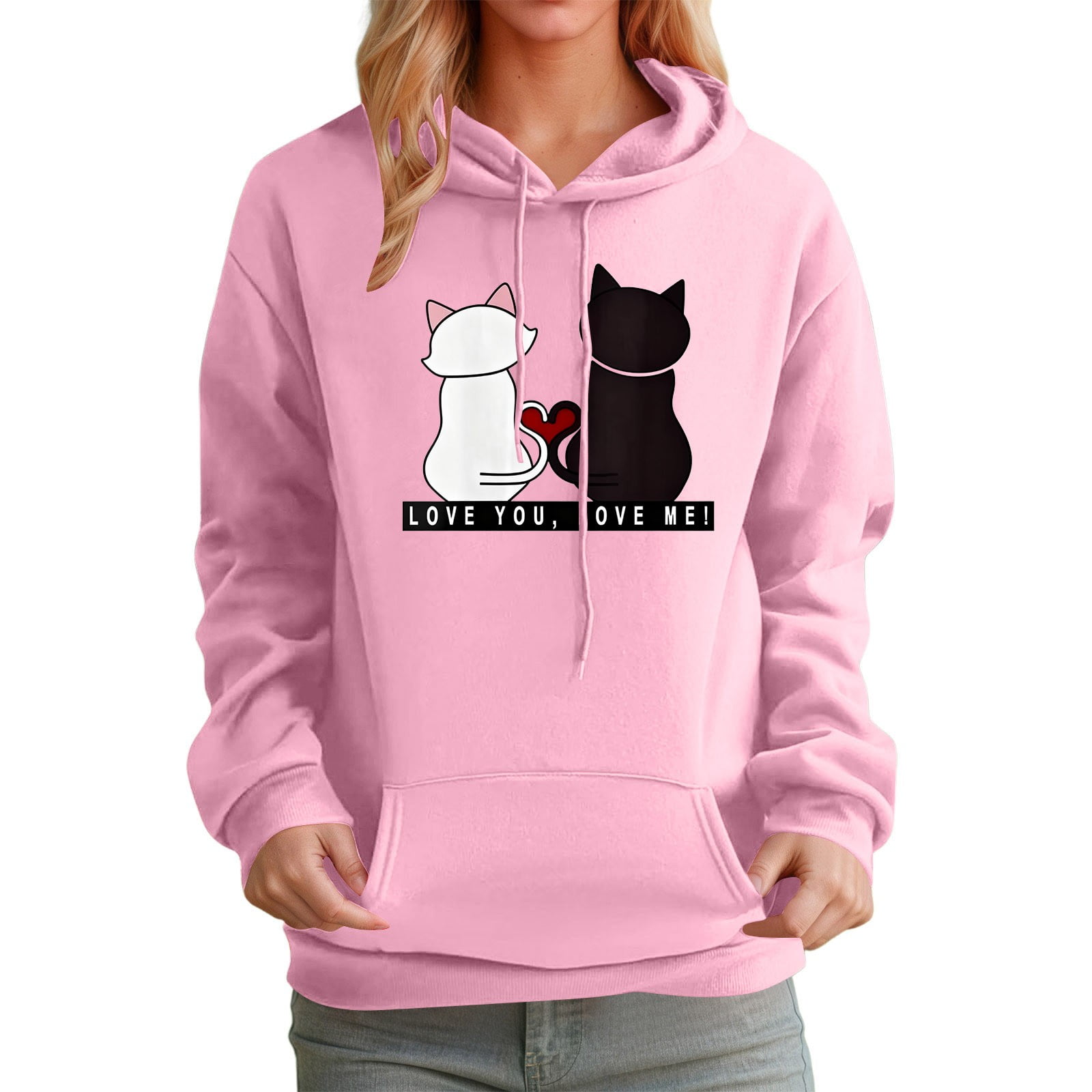 Bibifish Womens Hoodies Cat & Heart Graphic Letter Print Hoodies With ...
