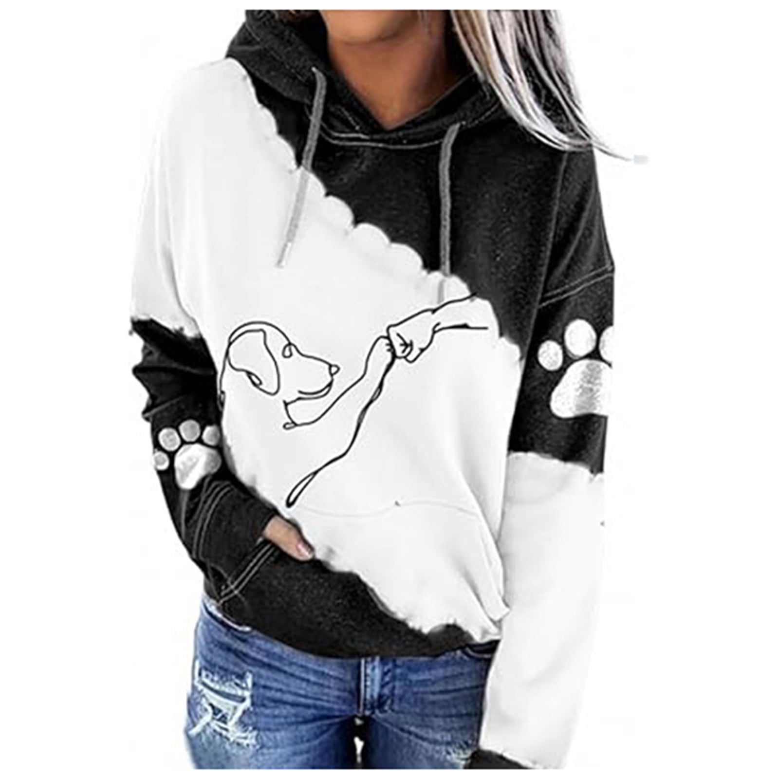 Bibifish Womens Hoodies Dog & Paw Print Long Sleeve Hoodies With Side ...