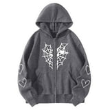 Bibifish Womens Hoodies Spider Web & Heart Print Full Long Sleeve Zip ...