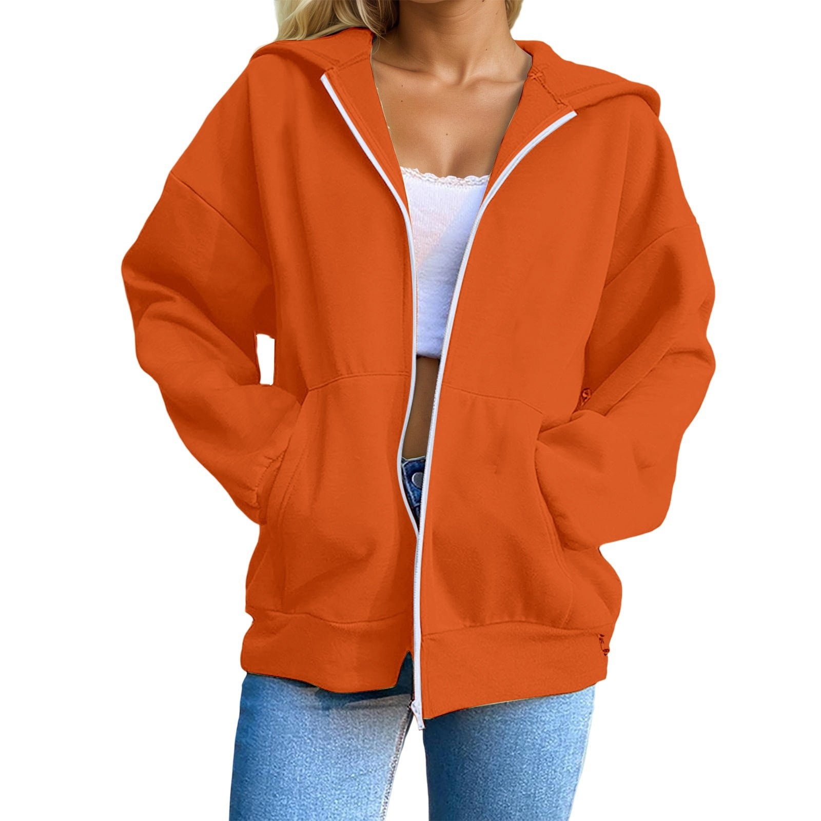 Bibifish Womens Hoodies Zip Up Hoodie Tops Solid Color Long Sleeve Full ...