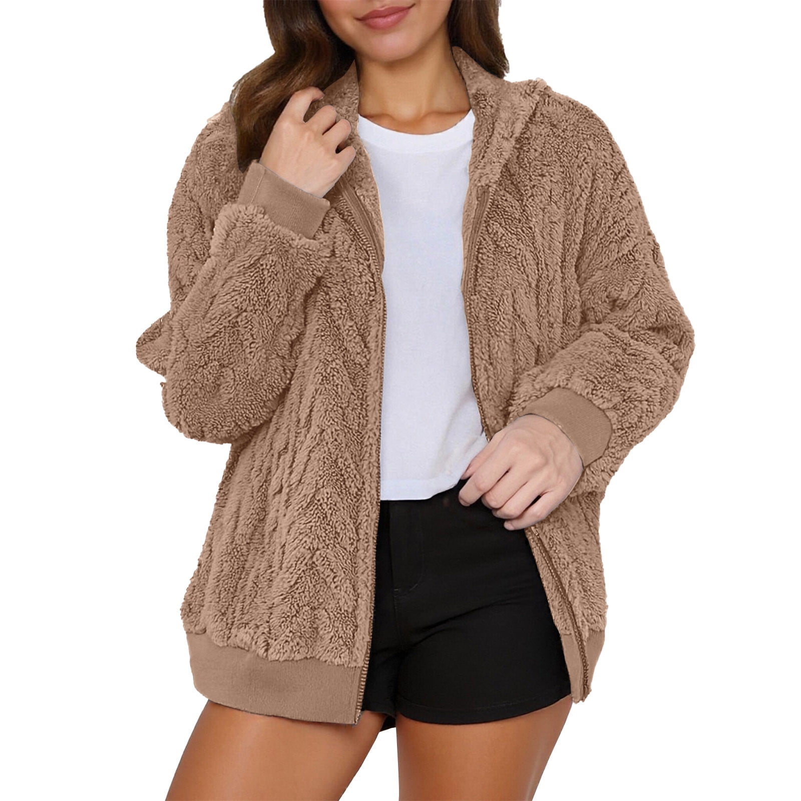 Bibifish Womens Jackets Cable Knit Fuzzy Full Zip Up Hooded Jackets Rib ...