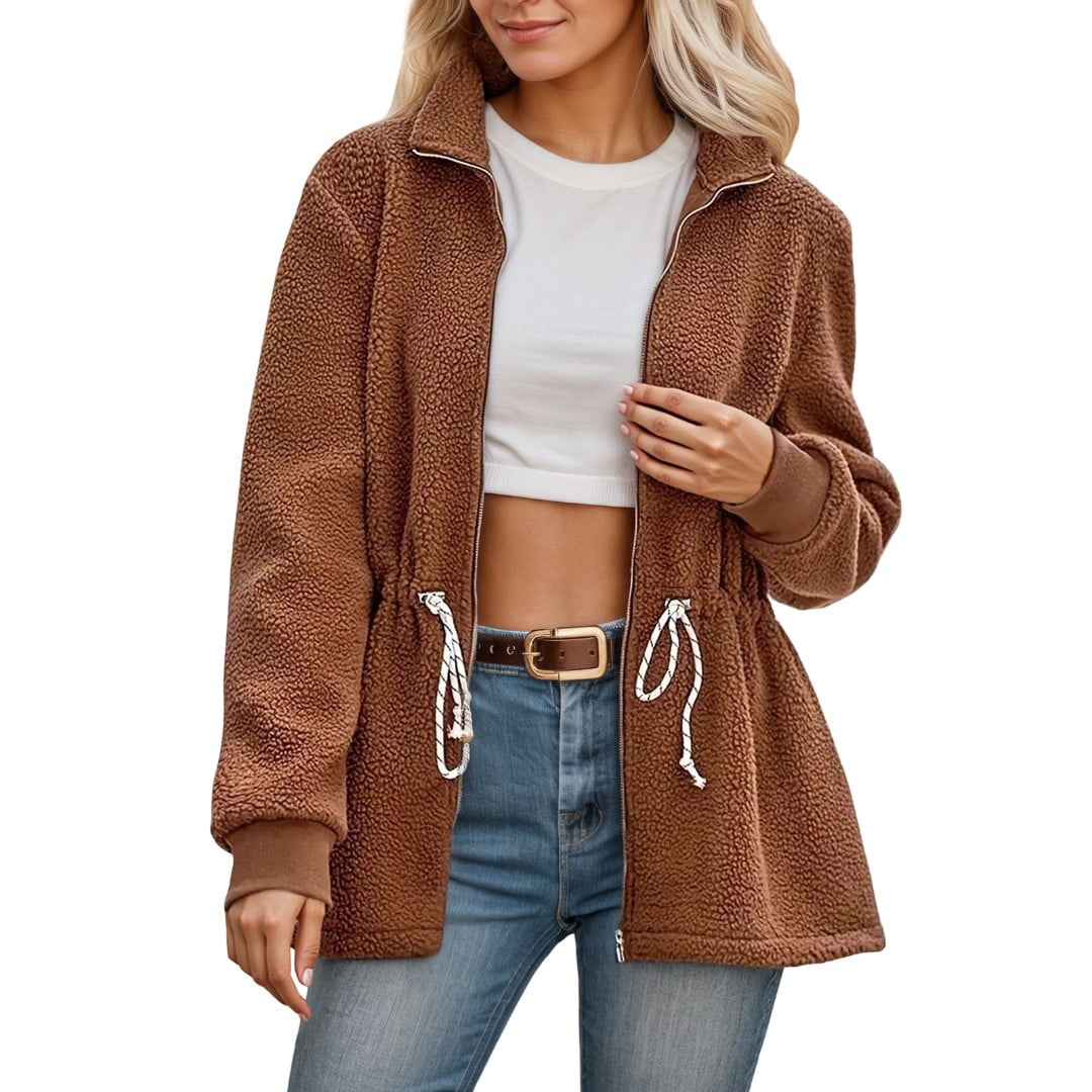 Bibifish Womens Jackets Fuzzy Full Zip Up Drawstring Waist Jackets With ...