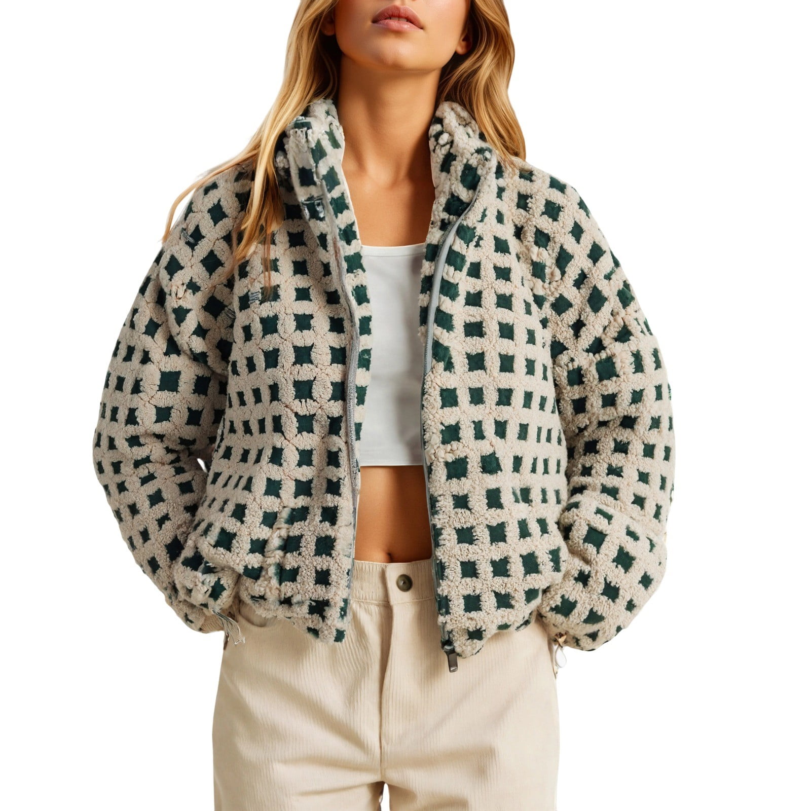 Bibifish Womens Jackets Square Pattern Fuzzy Stand Collar Full Zip Up ...