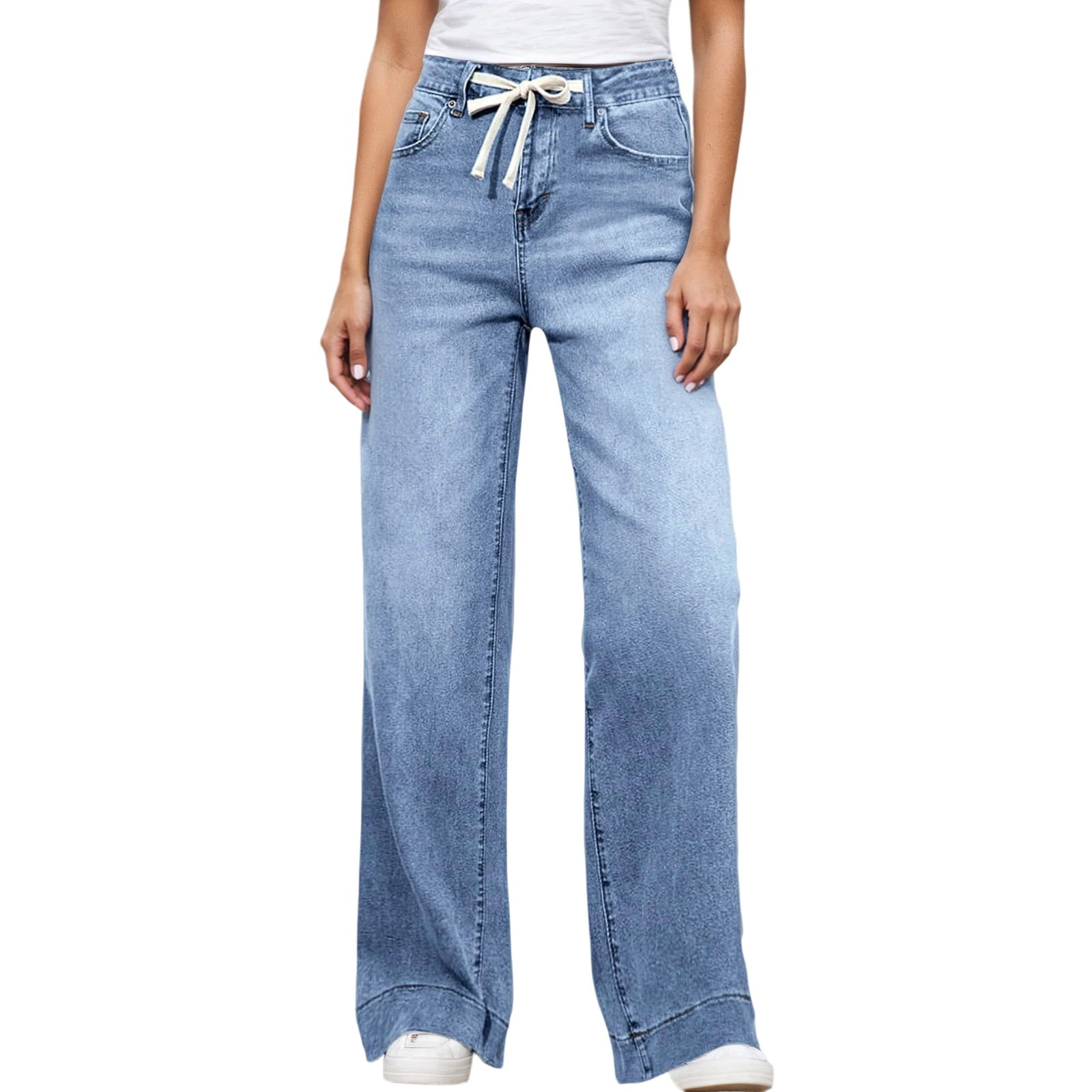 Bibifish Womens Jeans Dark Blue Drawstring Waist Wide Leg Denim Pants ...