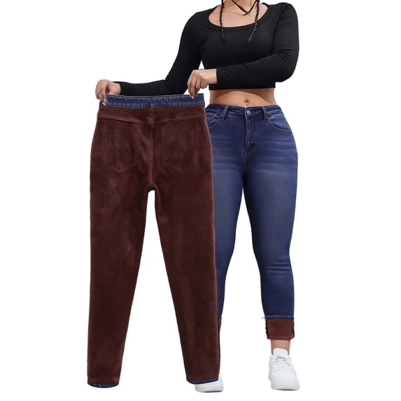 Bibifish Womens Jeans Dark Blue Fleece Lined Denim Panel Jeans Elastic ...