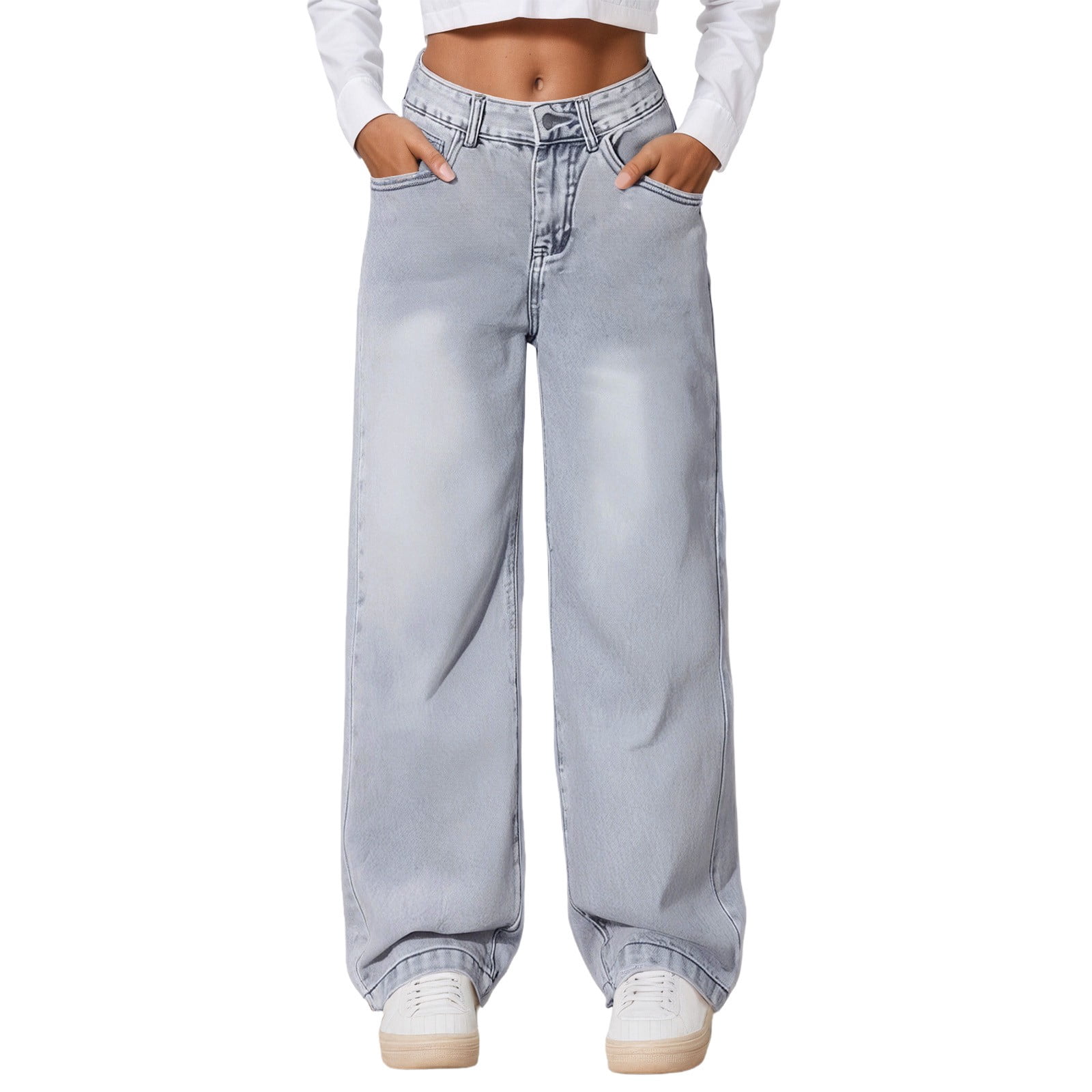 Bibifish Womens Jeans Light Blue Loose Wide Leg Denim Pants High Waist ...