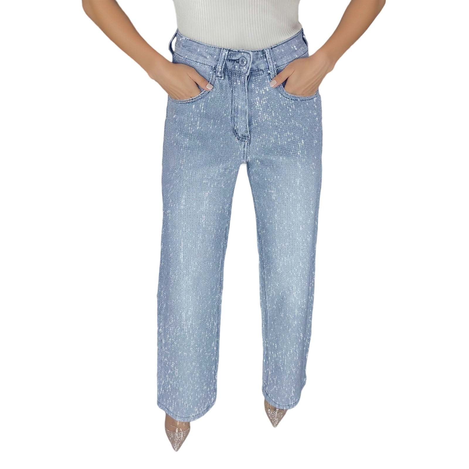 Bibifish Womens Jeans Rhinestone Embellished Straight Leg Denim Pants ...
