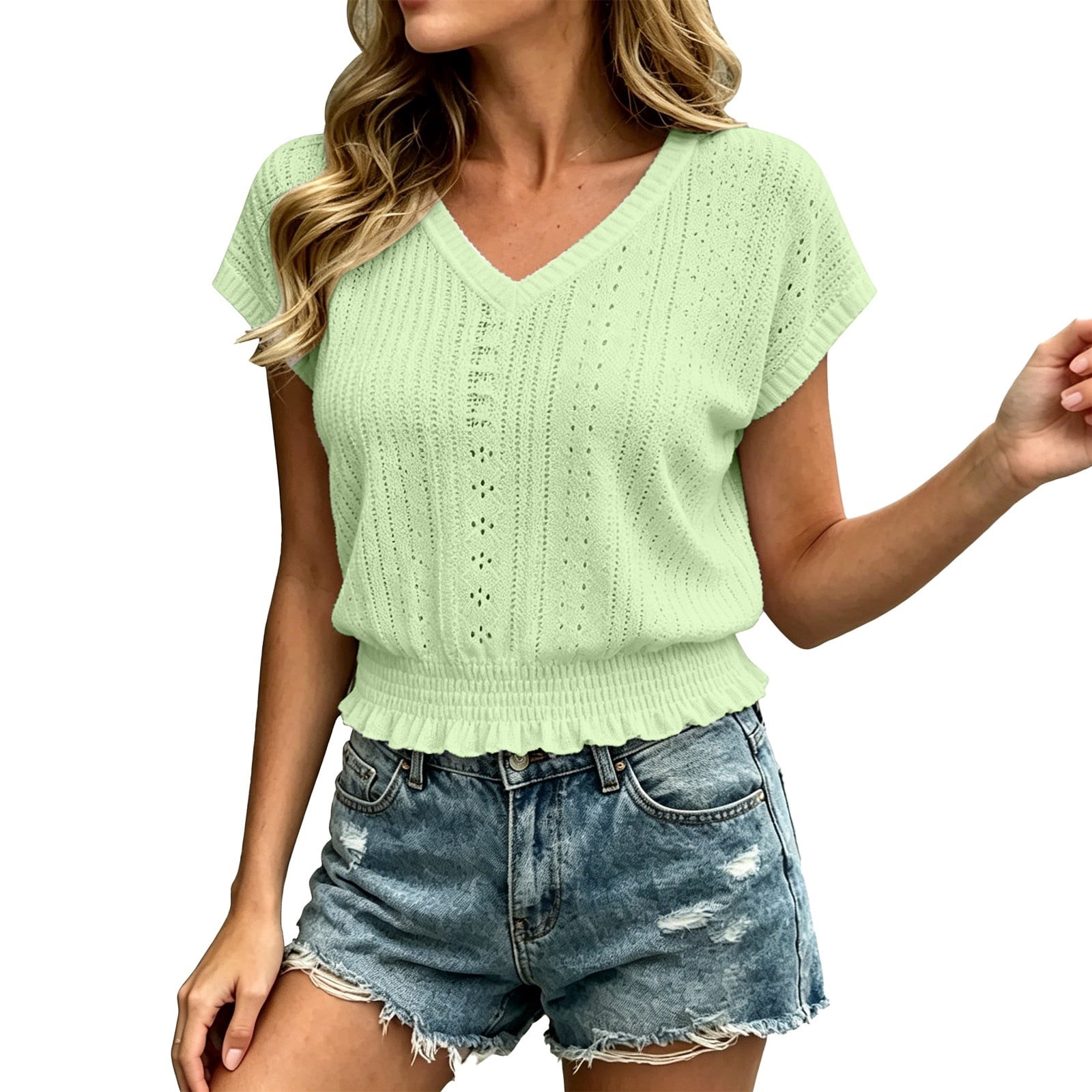 Bibifish Womens Knit Top V Neck Short Sleeve Loose Fit Tops With ...