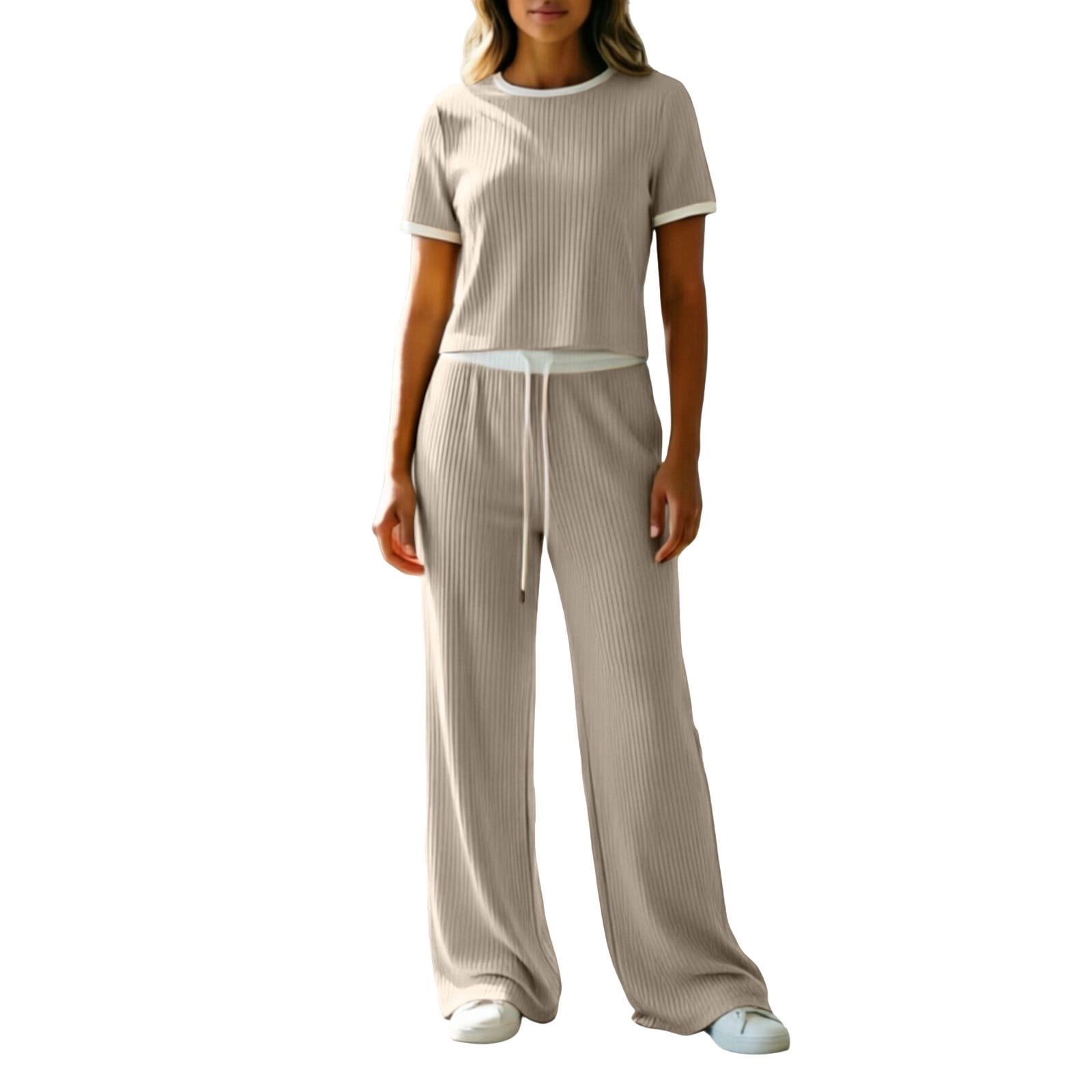 Bibifish Womens Matching Outfits Roll Cuff Short Sleeve Ribbed Knit ...