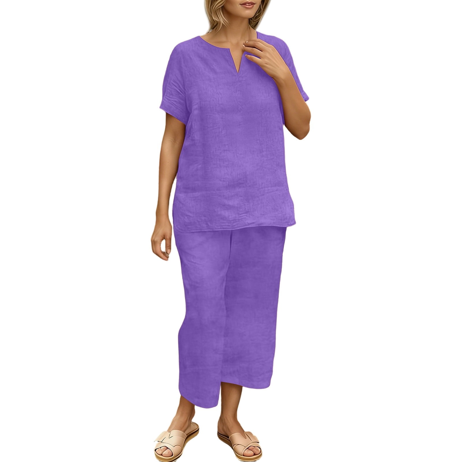 Bibifish Womens Matching Outfits Short Sleeve Cropped Notch Neck ...