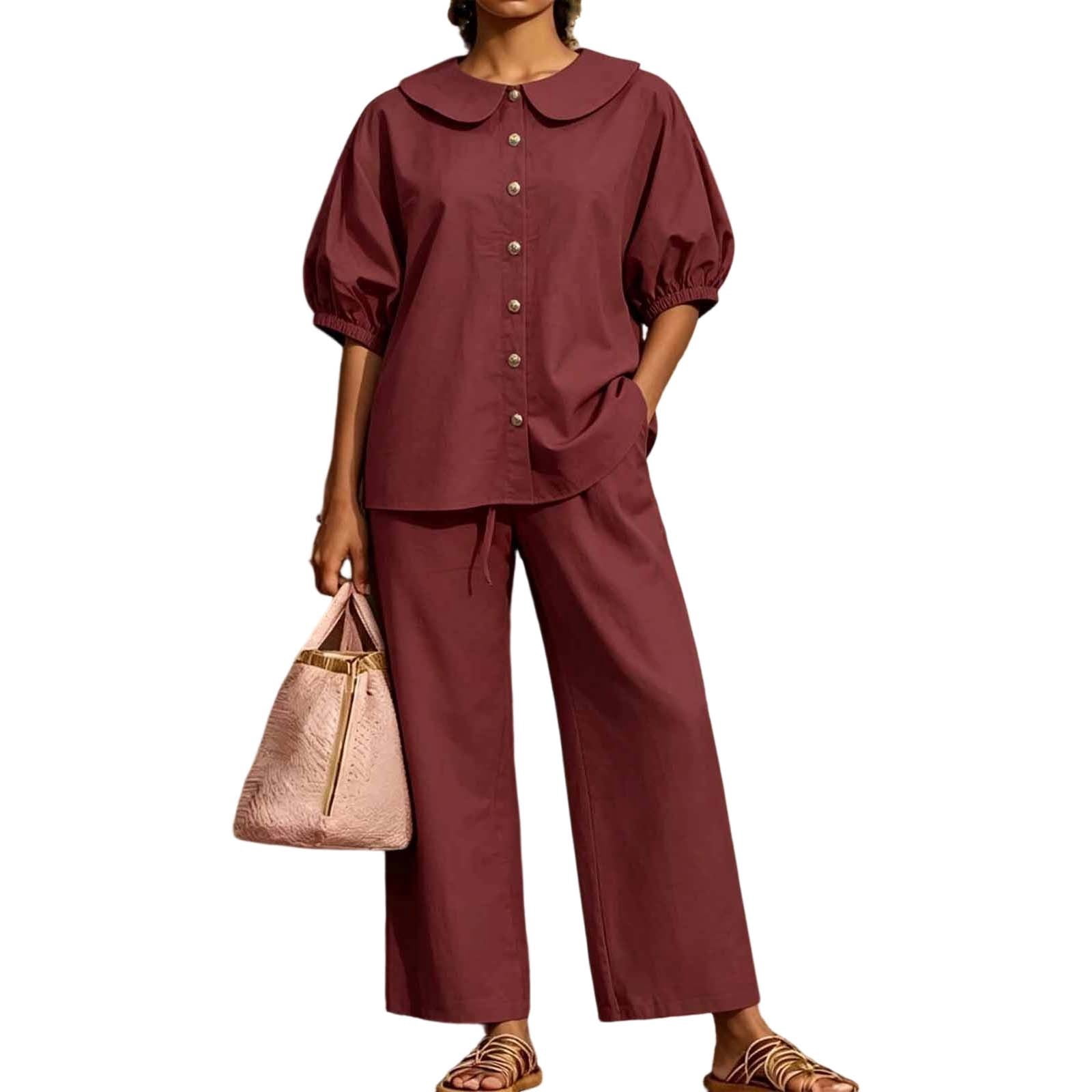 Bibifish Womens Matching Sets Short Puff Sleeve Peter Pan Collar ...