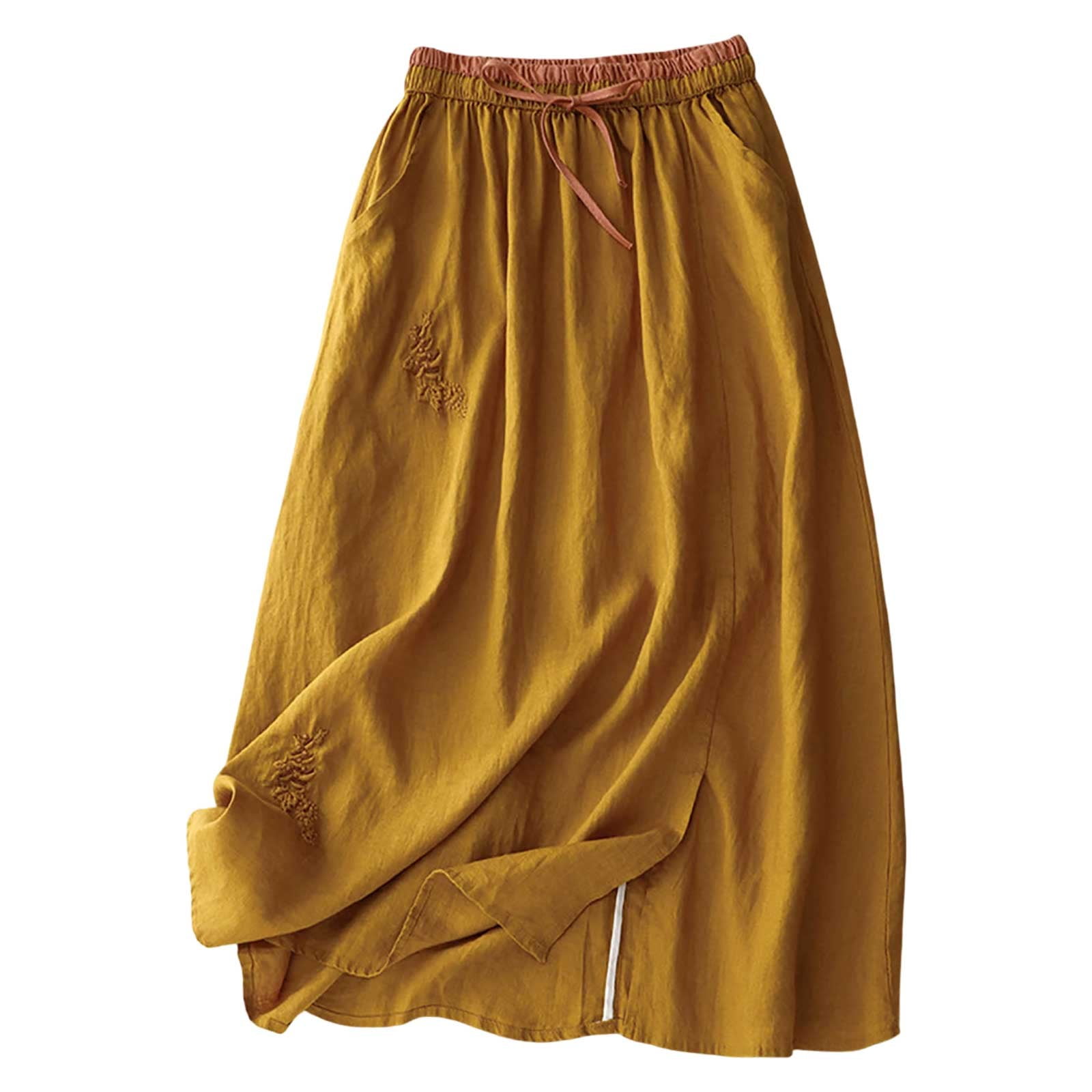 Bibifish Womens Maxi Skirts Solid Drawstring Waist Skirts Linen ...