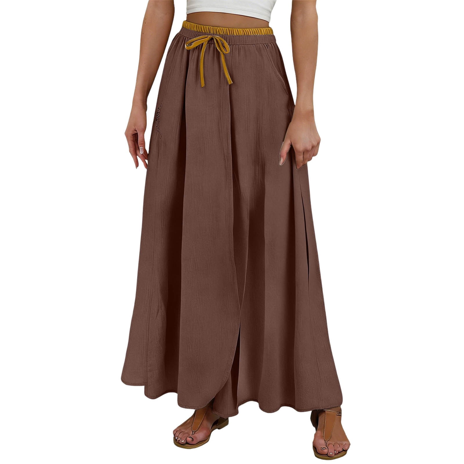 Bibifish Womens Maxi Skirts Solid Drawstring Waist Skirts Wrap Split ...
