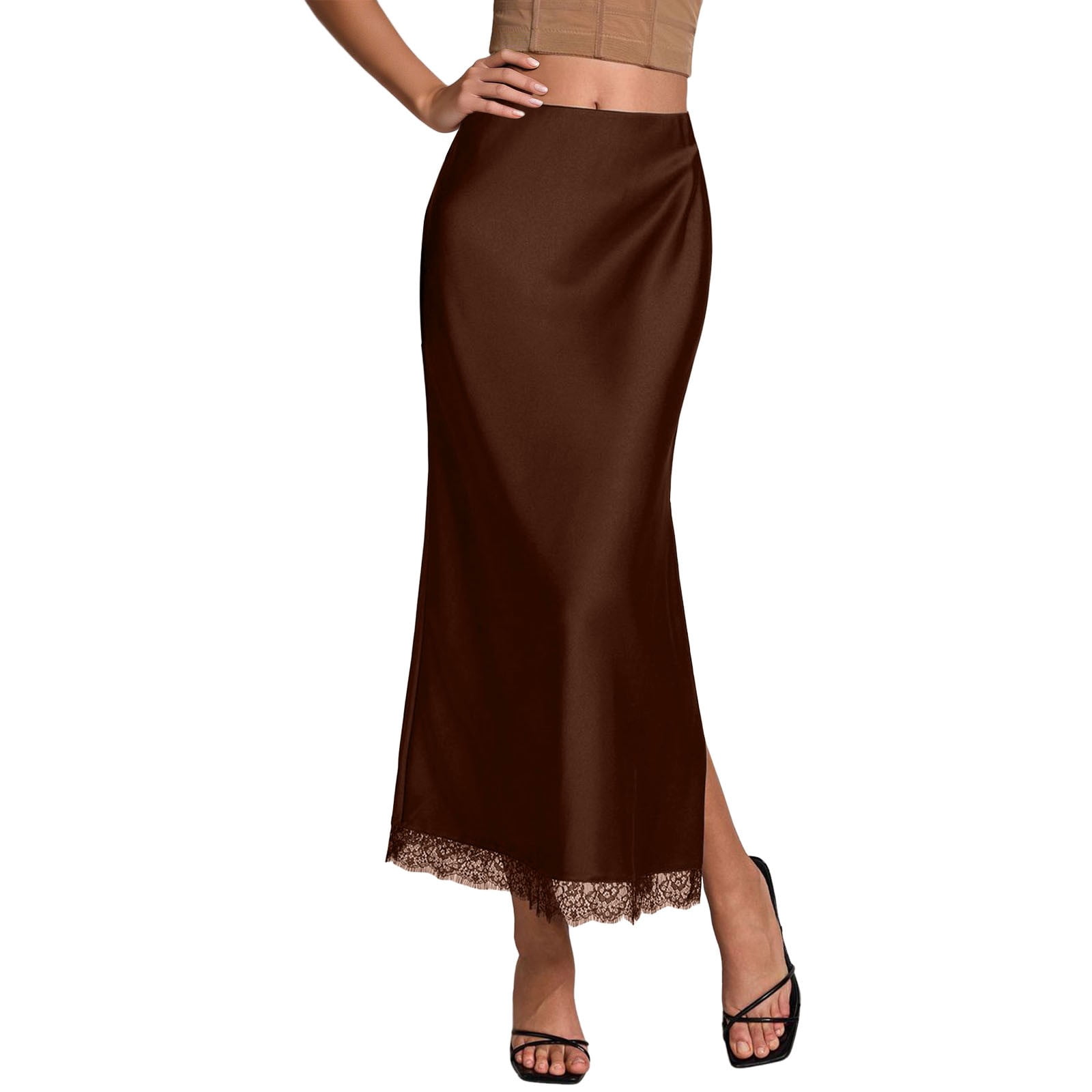 Bibifish Womens Midi Skirts Solid High Waist Skirts Satin Lace Trim ...