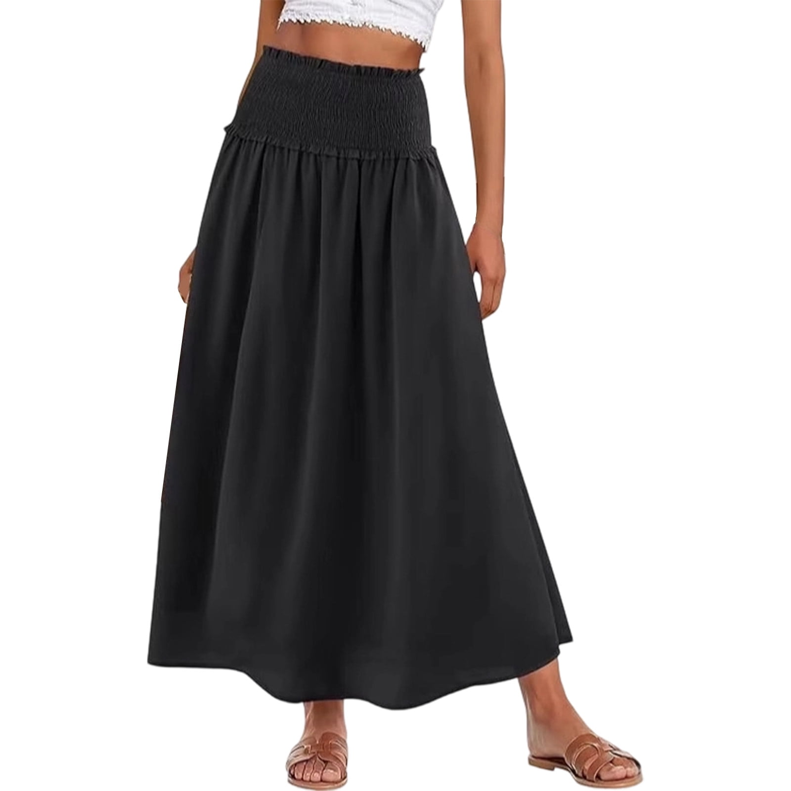Bibifish Womens Midi Skirts Solid Smocked Waist Skirts A Line Flowy ...