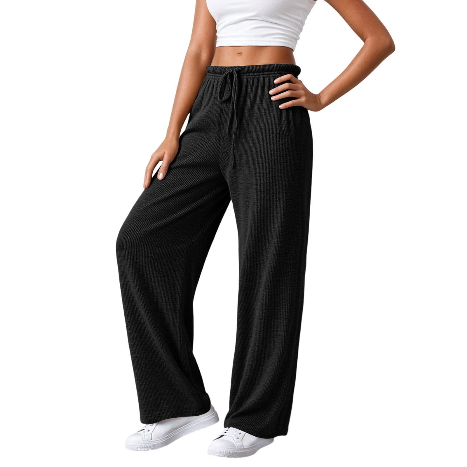Bibifish Womens Pants Black Corduroy Drawstring Waist Side Pocket Wide ...