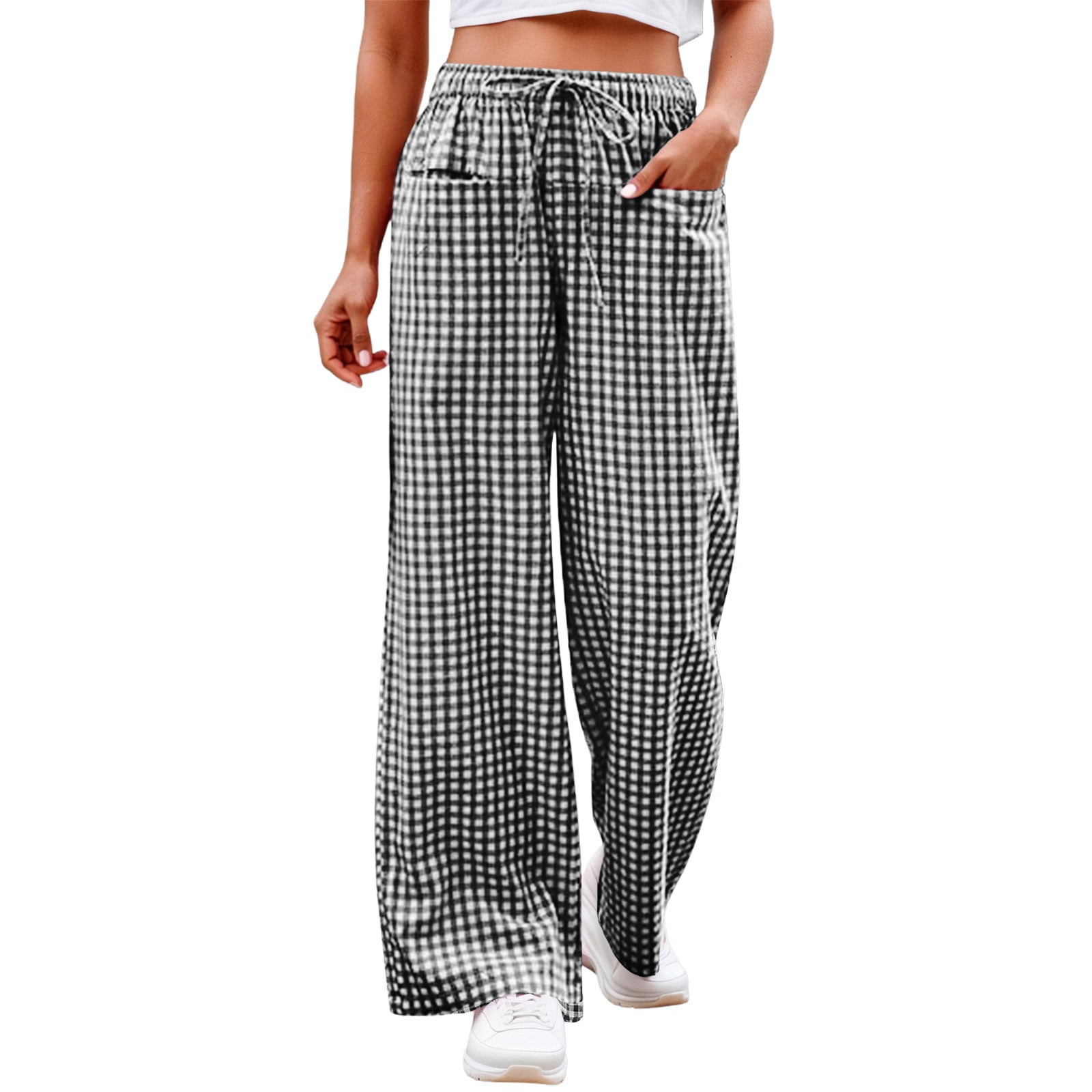 Bibifish Womens Pants Black White Gingham Print Drawstring Waist Wide ...