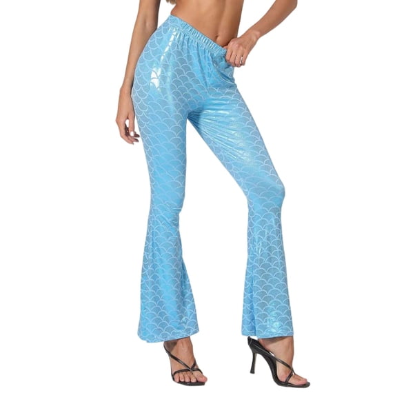 Bibifish Womens Pants Carnival Sequined Scale Flare Trousers Elastic ...