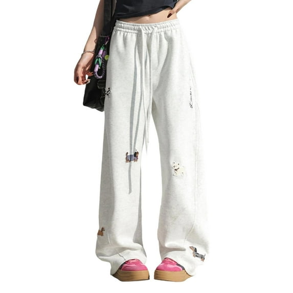 Bibifish Womens Pants Cute Cartoon Embroidery Elastic Waist Trousers ...