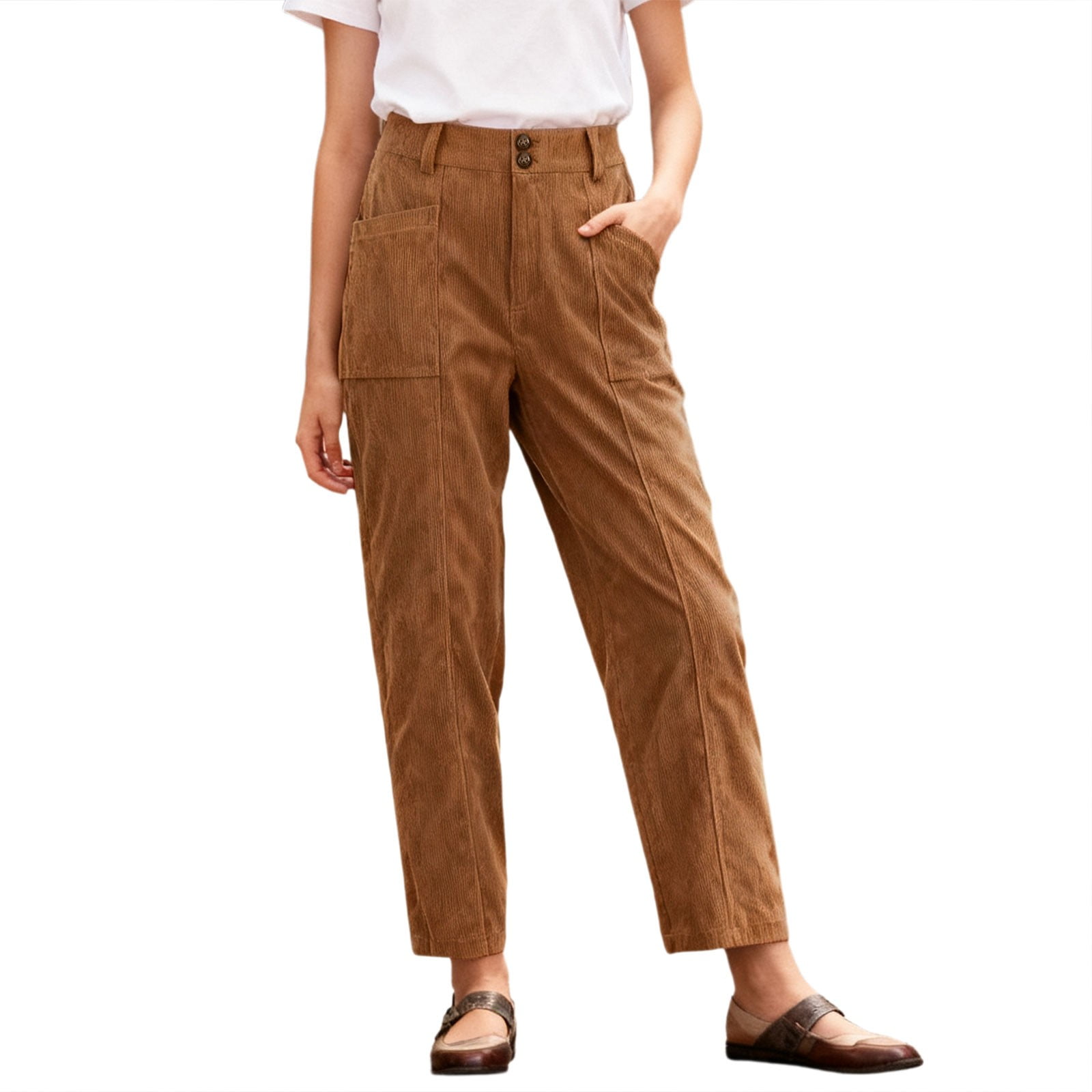 Bibifish Womens Pants Light Beige Corduroy Double Button Detail Side ...