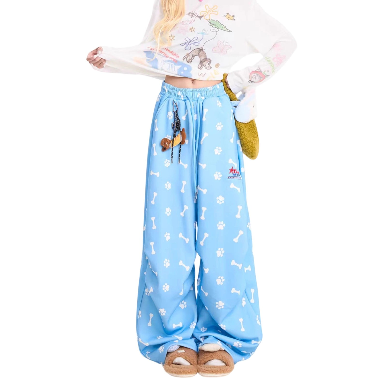 Bibifish Womens Pants Light Blue Paw Print Bone Pattern Charm Detail ...