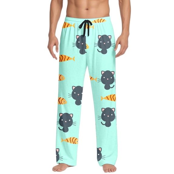 Bibifish Womens Pants Light Teal Black Cat Fish Print Drawstring Waist ...