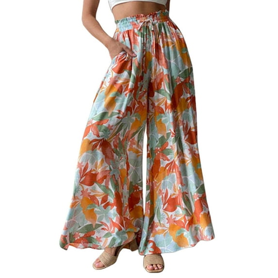 Bibifish Womens Pants Multicolor Tropical Print Elastic Waist Pants ...