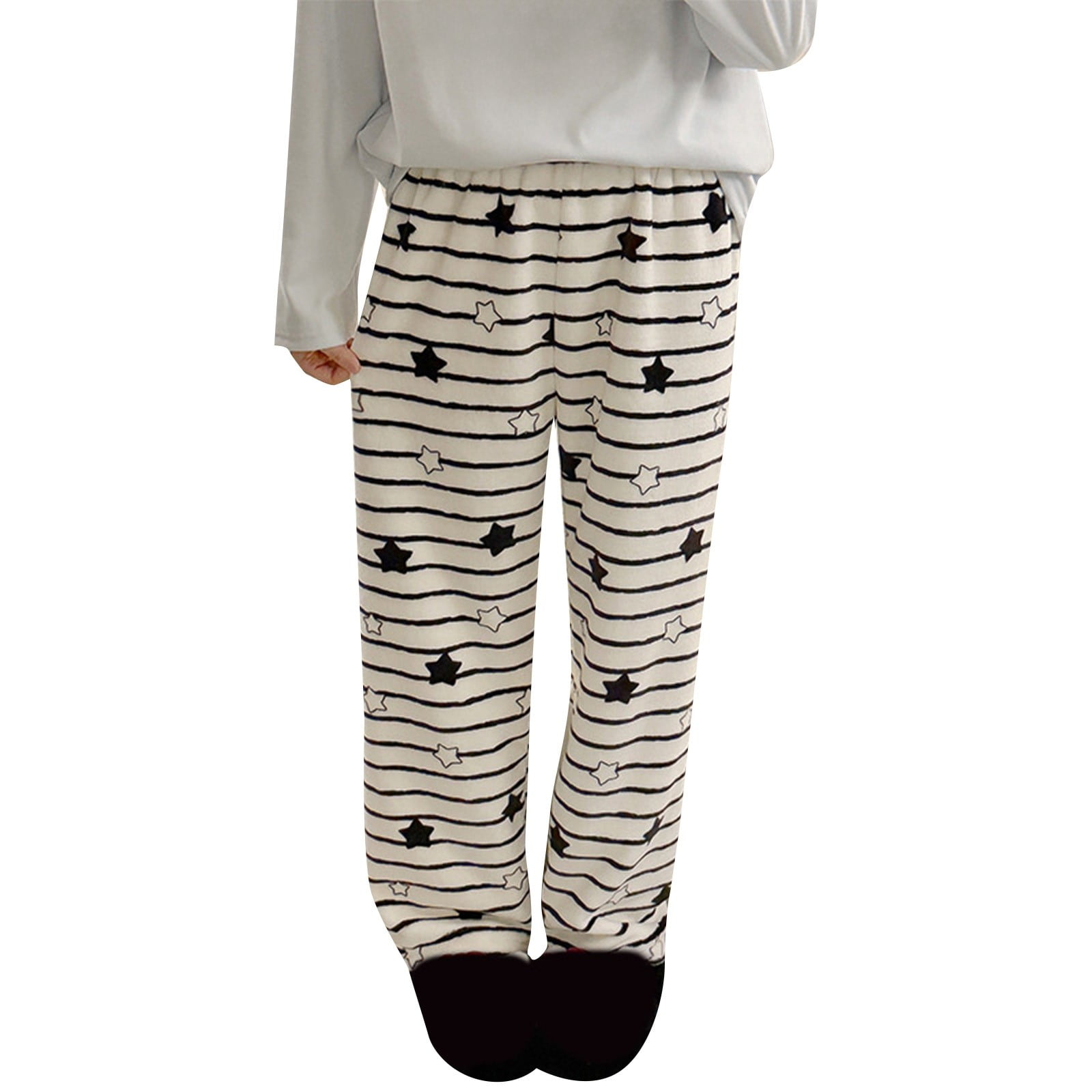 Bibifish Womens Pants Star Stripe Print Fuzzy Fabric Elastic Waist ...