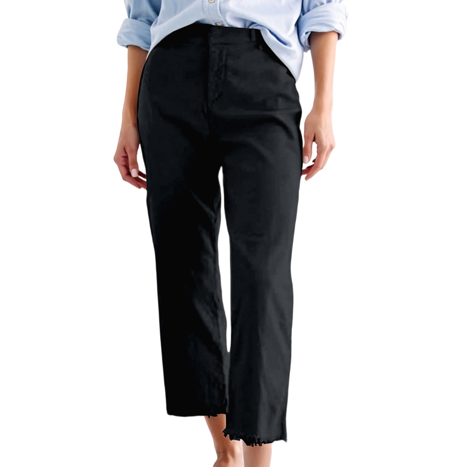 Bibifish Womens Pants Straight Leg Cropped Hem Button Closure Belt Loop ...