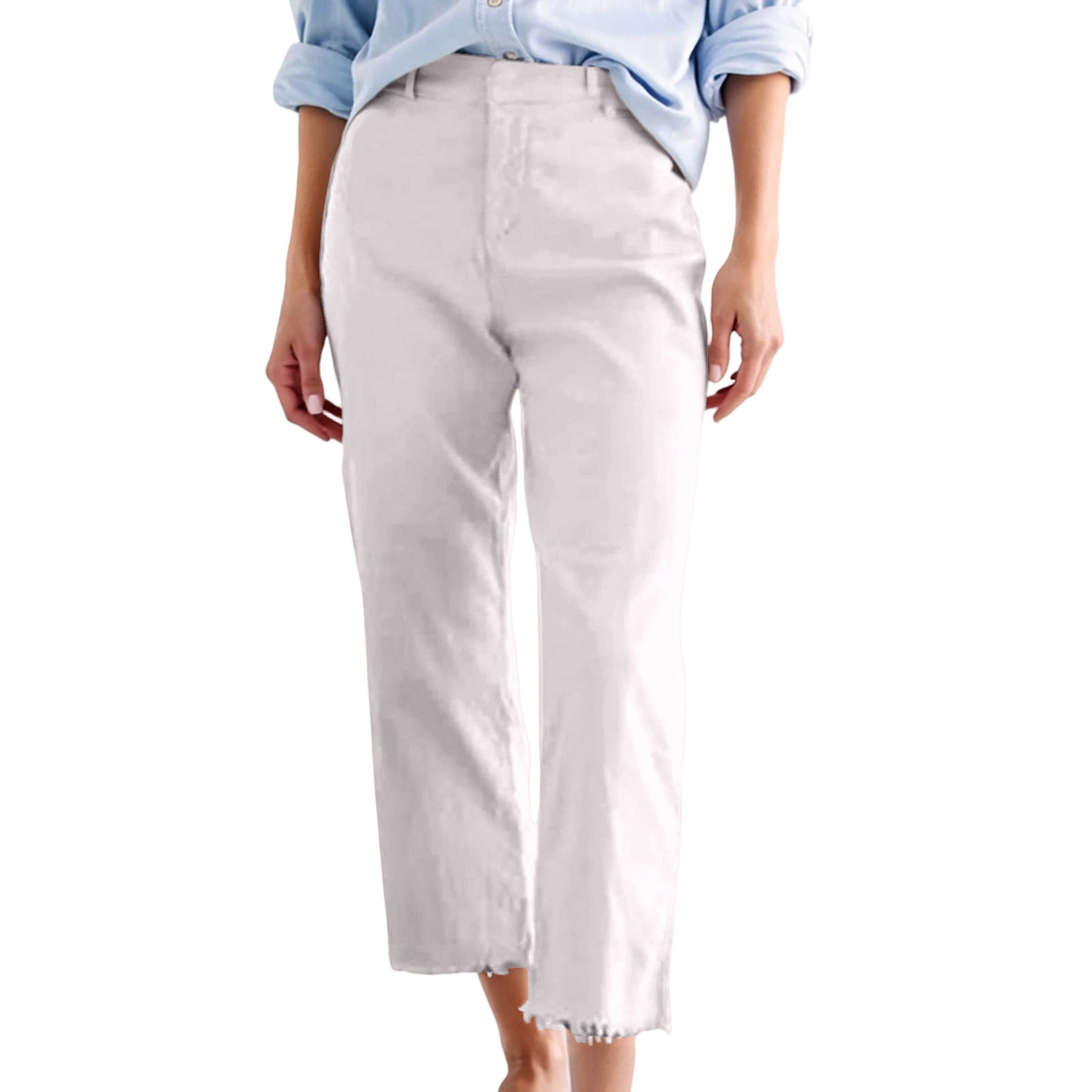 Bibifish Womens Pants Straight Leg Cropped Hem Button Closure Belt Loop ...