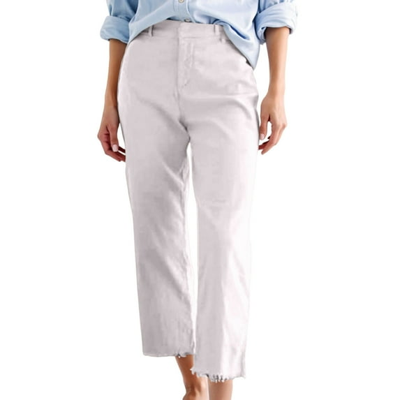 Bibifish Womens Pants Straight Leg Cropped Hem Button Closure Belt Loop ...