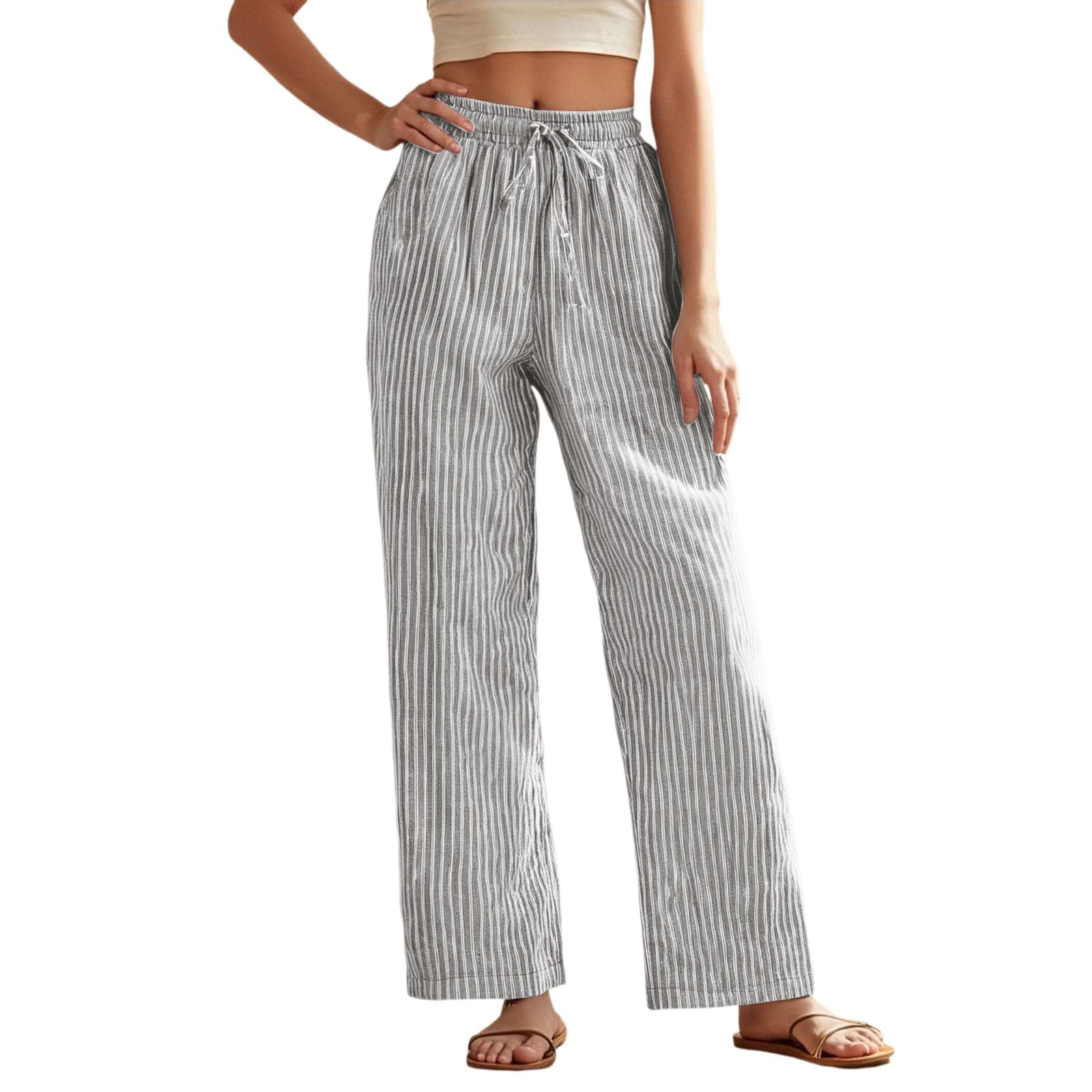 Bibifish Womens Pants Vertical Stripe Pattern Wide Leg Elastic Waist ...