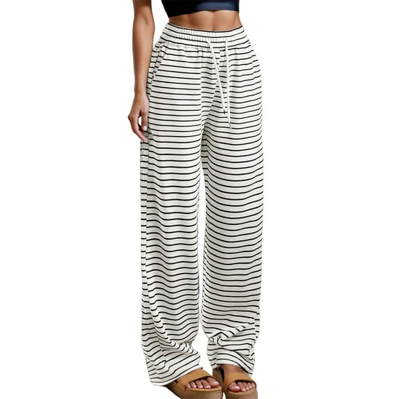 Bibifish Womens Pants White Horizontal Stripe Elastic Waist Drawstring ...
