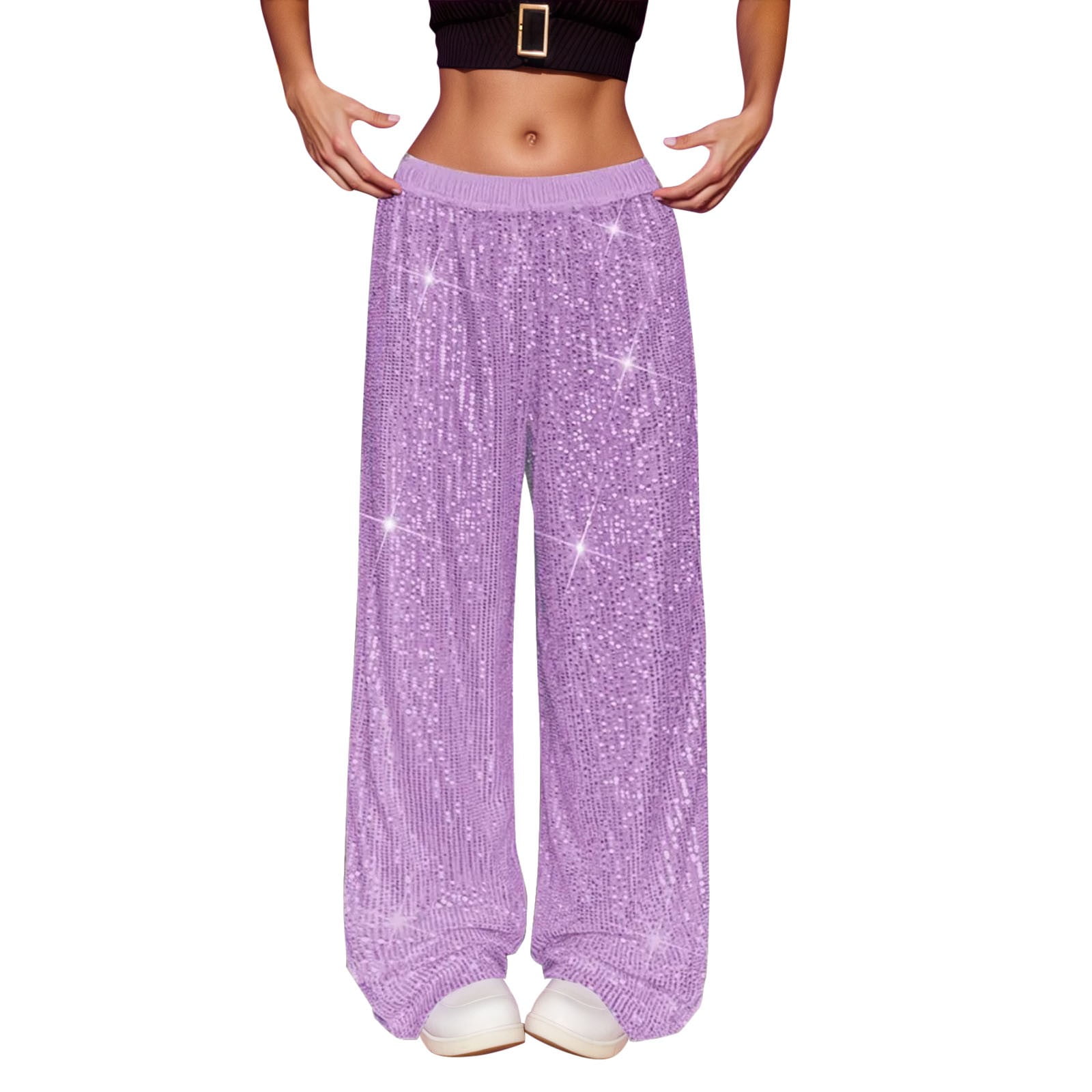 Bibifish Womens Party Pants Full Sequin Detail Elastic Waist Wide Leg Pants Shiny Texture Casual ...