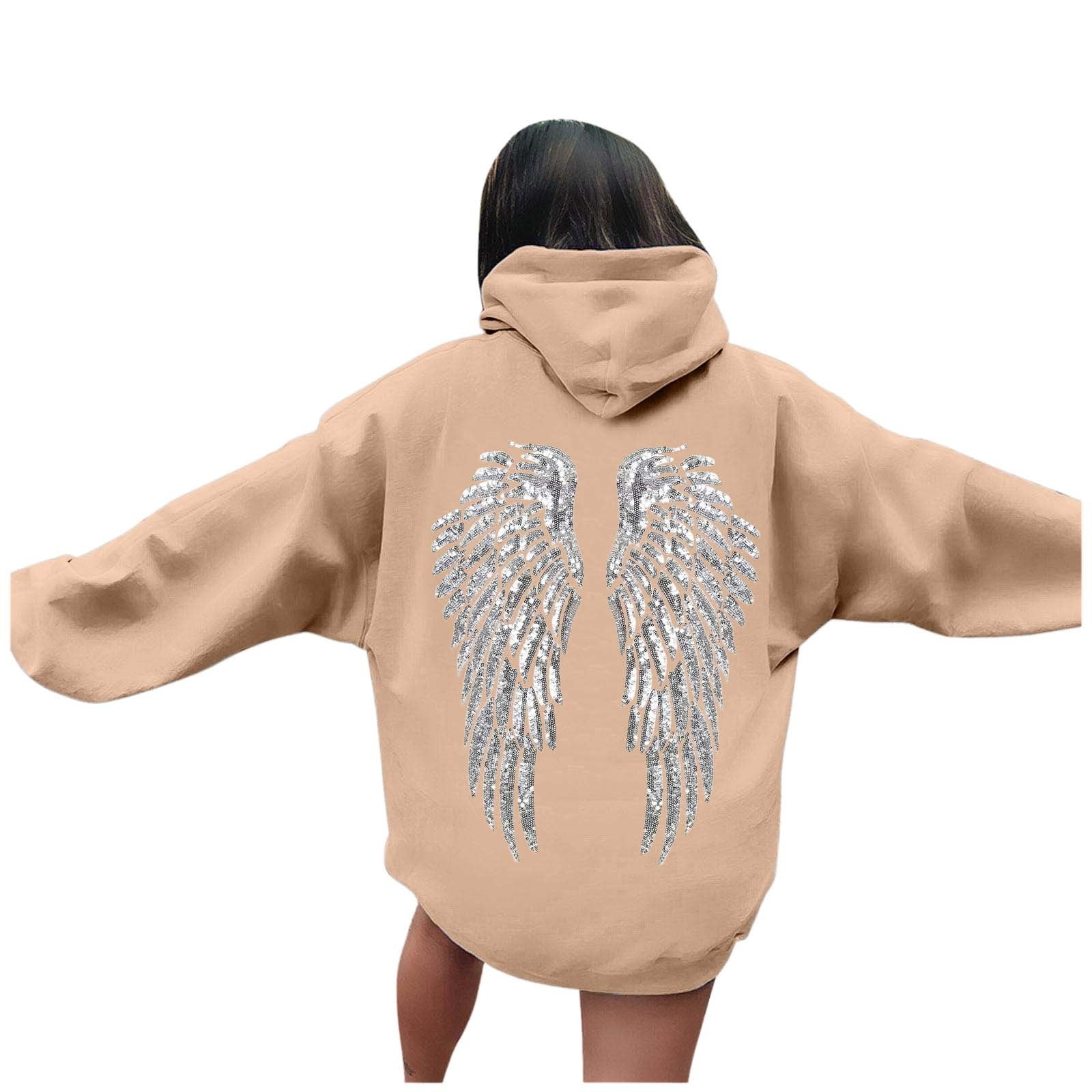 Bibifish Womens Sequin Angel Wings Back Print Long Sleeve Hoodies Music ...