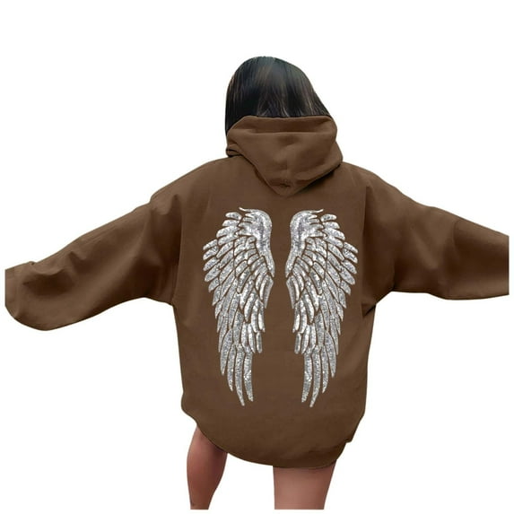 Bibifish Womens Sequin Angel Wings Back Print Long Sleeve Hoodies Music ...