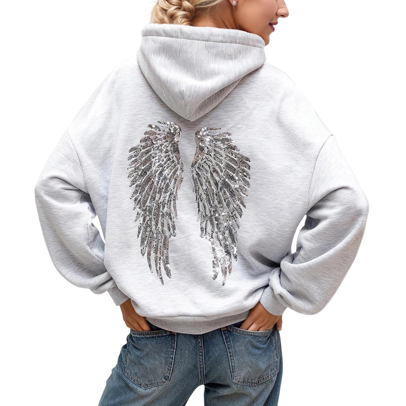 Bibifish Womens Sequin Angel Wings Back Print Zip Up Hoodies Relaxed ...