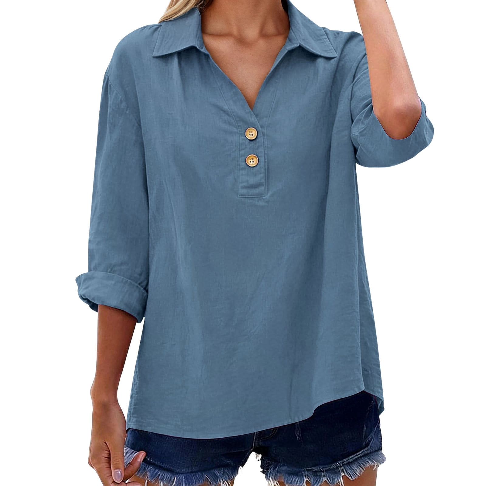 Bibifish Womens Shirt Collared Neck 3/4 Sleeve Loose Fit Henley Button ...
