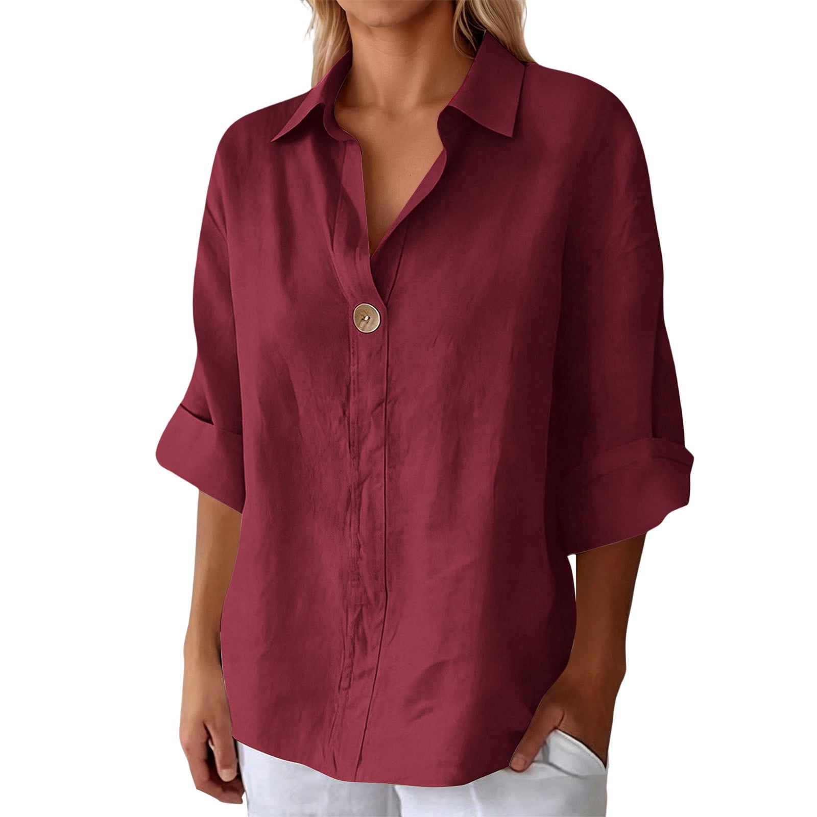 Bibifish Womens Shirt Collared Neck Roll Up Sleeve Loose Fit Single ...