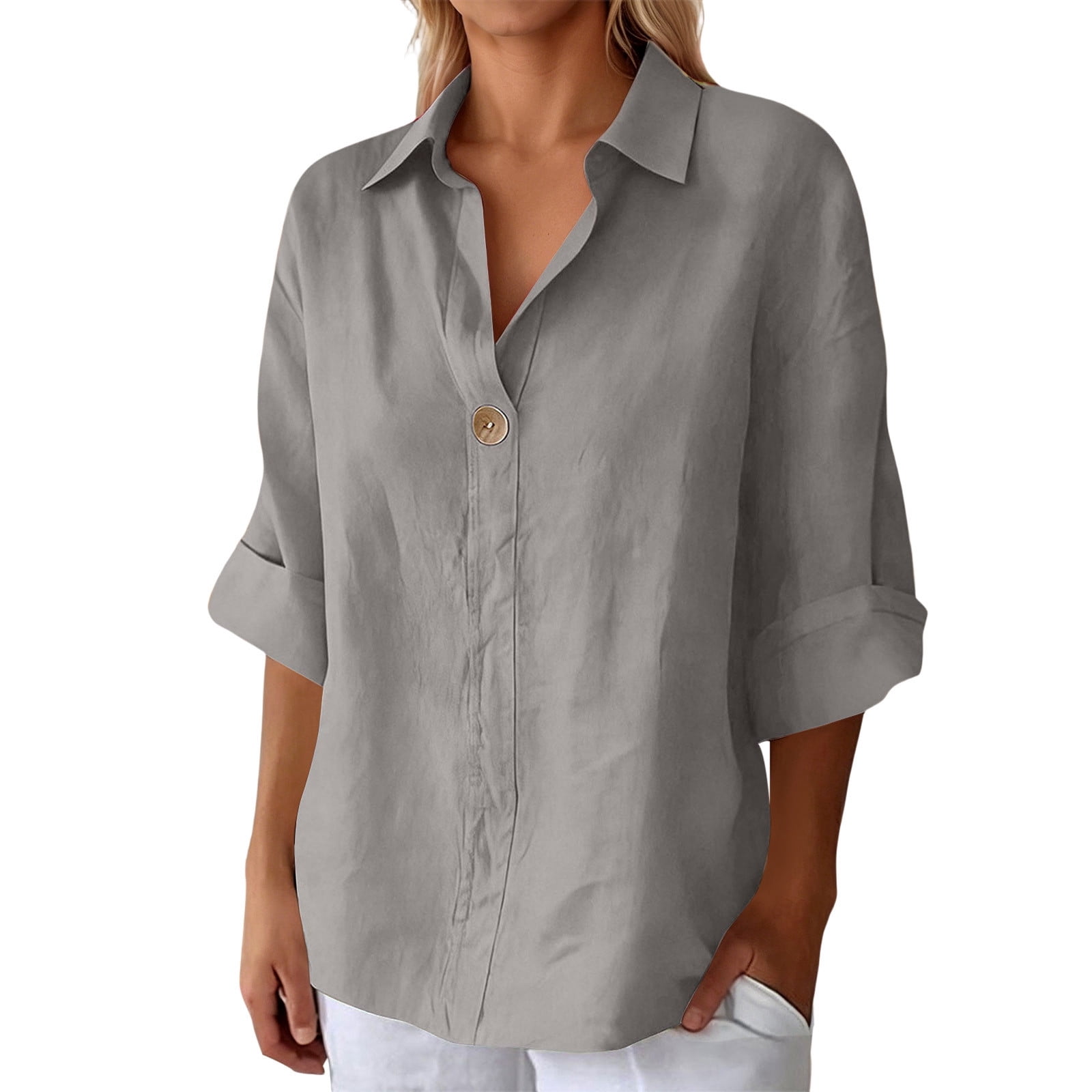 Bibifish Womens Shirt Collared Neck Roll Up Sleeve Loose Fit Single ...
