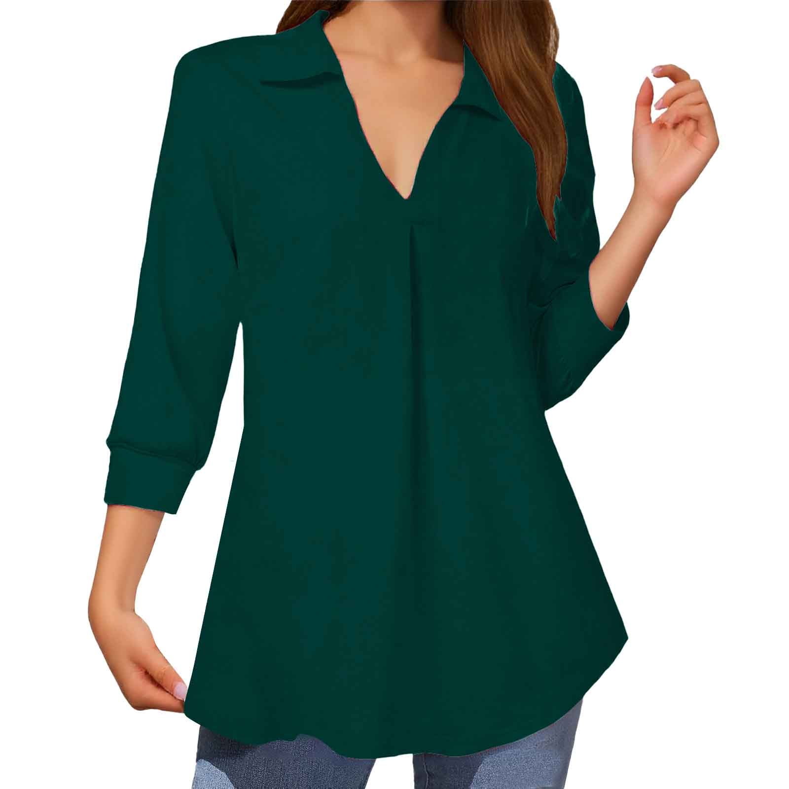 Bibifish Womens Shirts Collared V-Neck 3/4 Sleeve Tunic Length Blouses ...