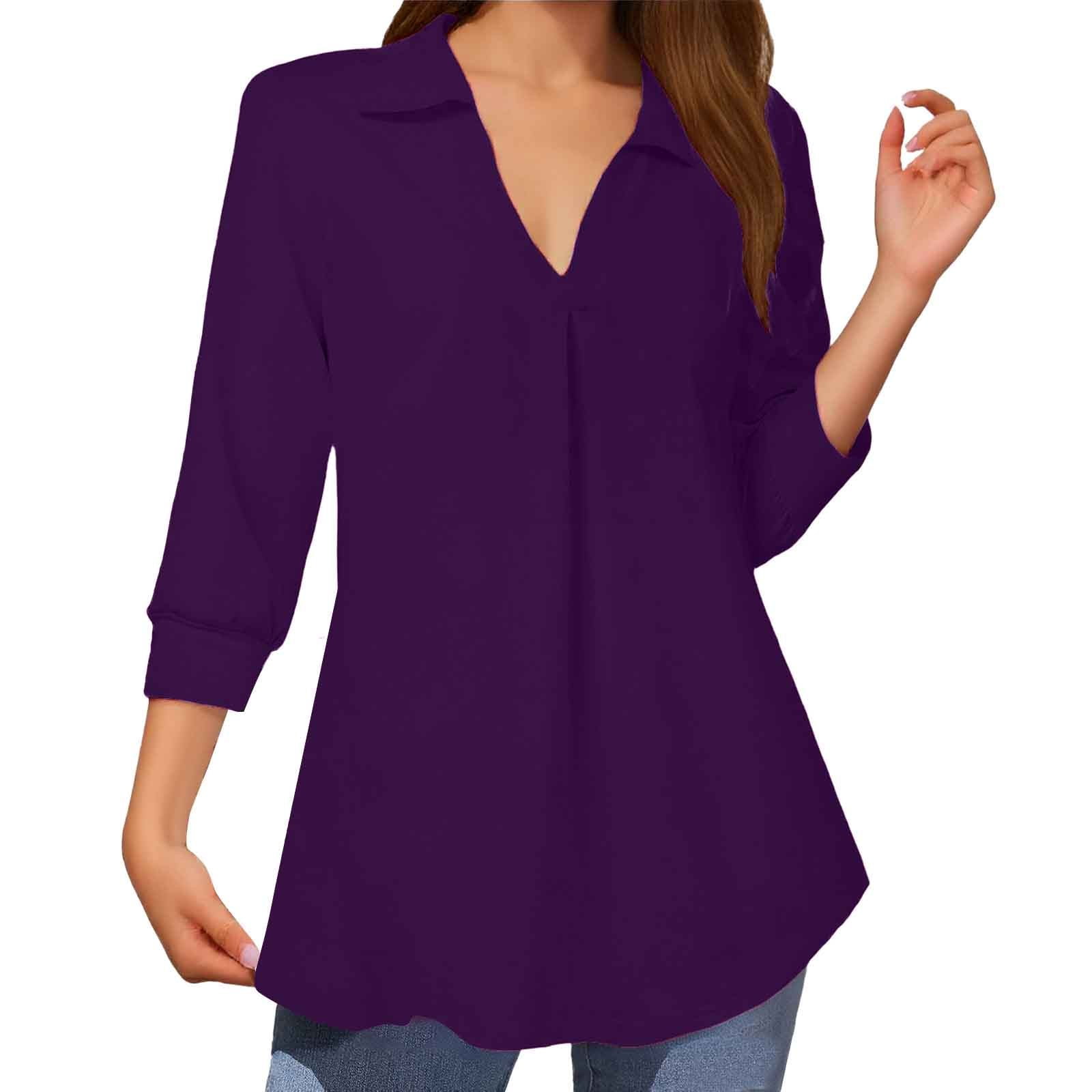 Bibifish Womens Shirts Collared V-Neck 3/4 Sleeve Tunic Length Blouses ...