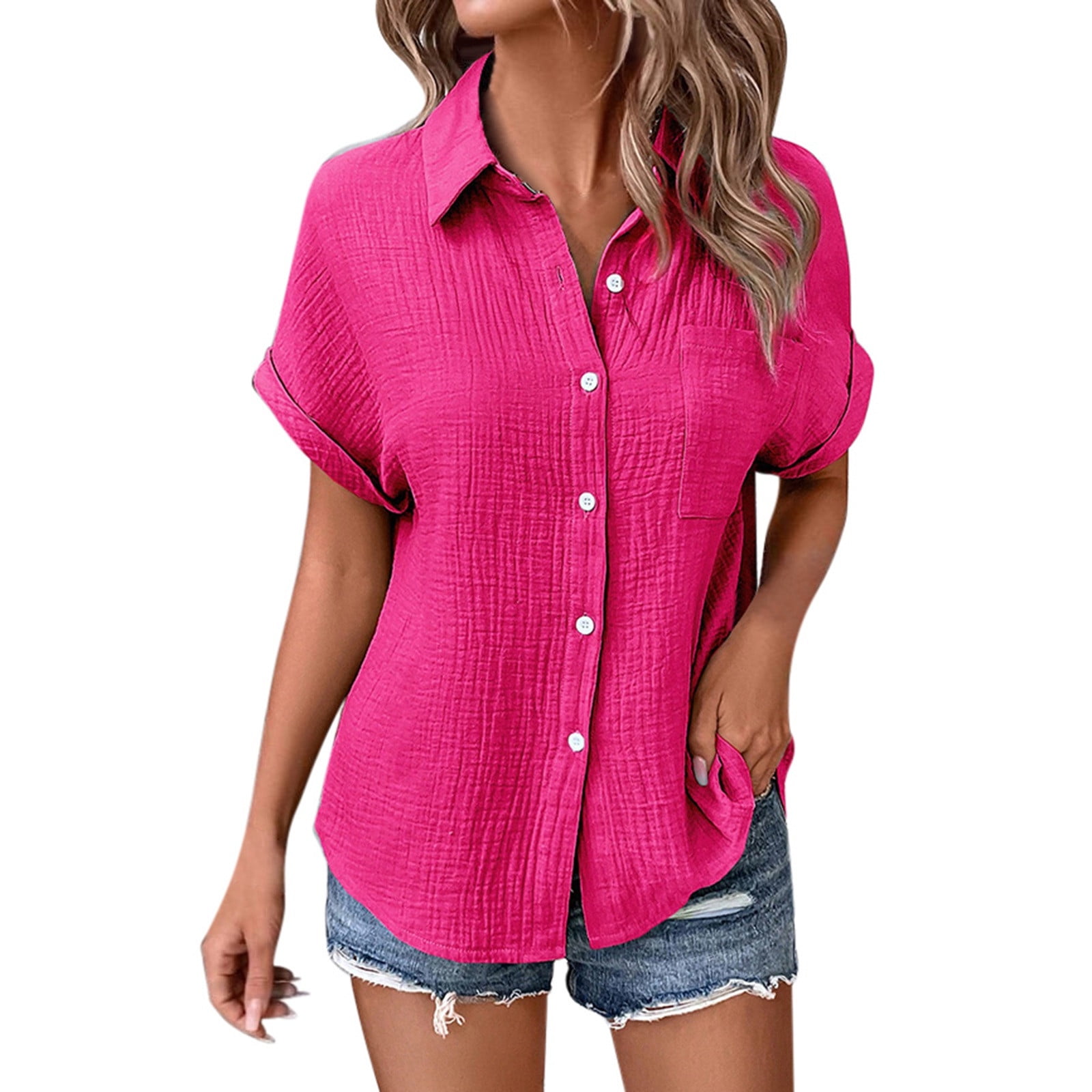 Bibifish Womens Shirts Solid Color Button Down Blouse Tops Slim Fit Summer Cozy Short Sleeve ...