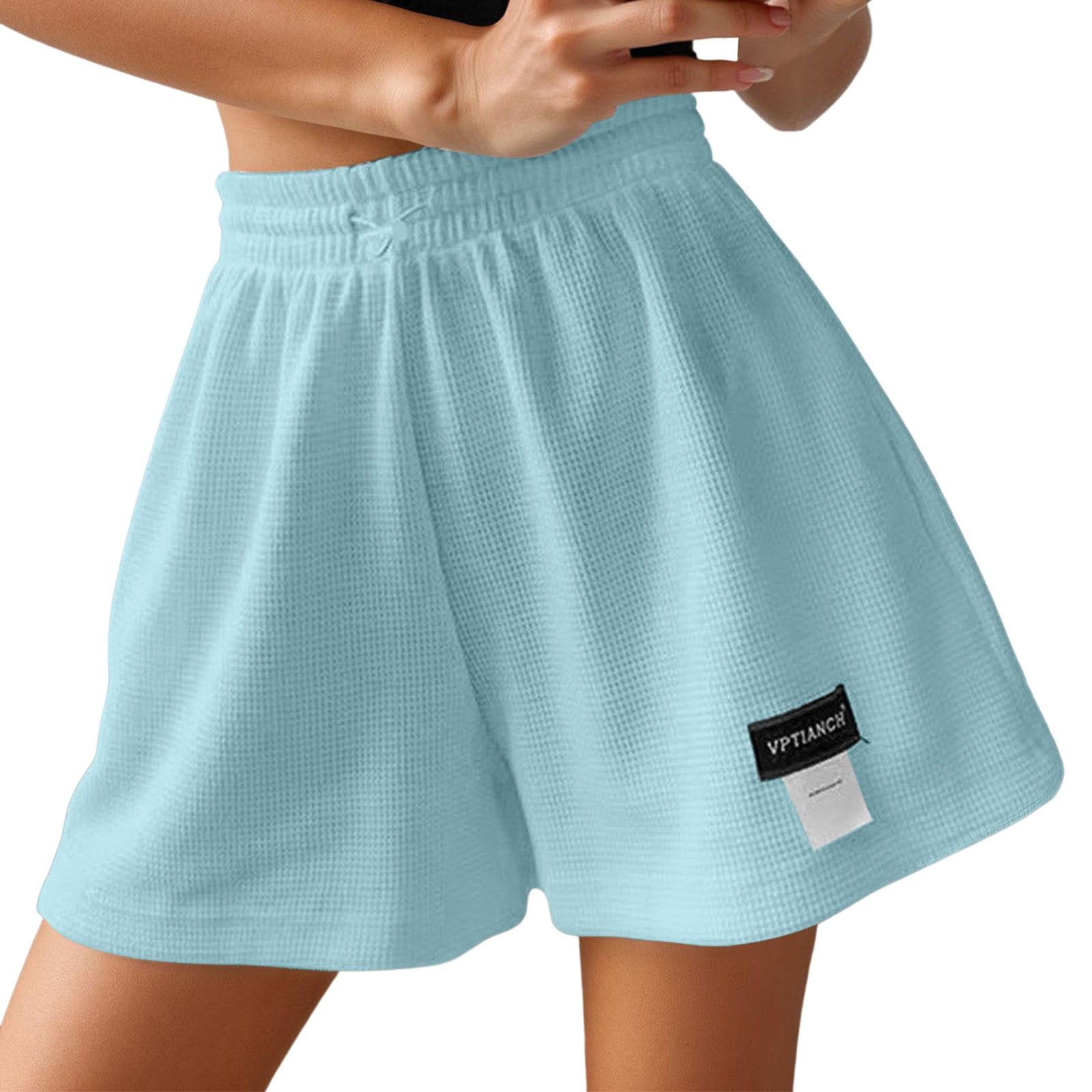 Bibifish Womens Shorts Waffle Texture Wide Leg Elastic Waist Patch ...