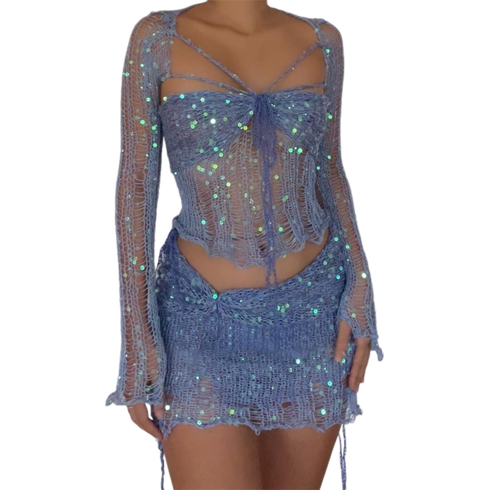 Bibifish Womens Skirt Sets Summer Club Beach Long Sleeve Square Neck ...