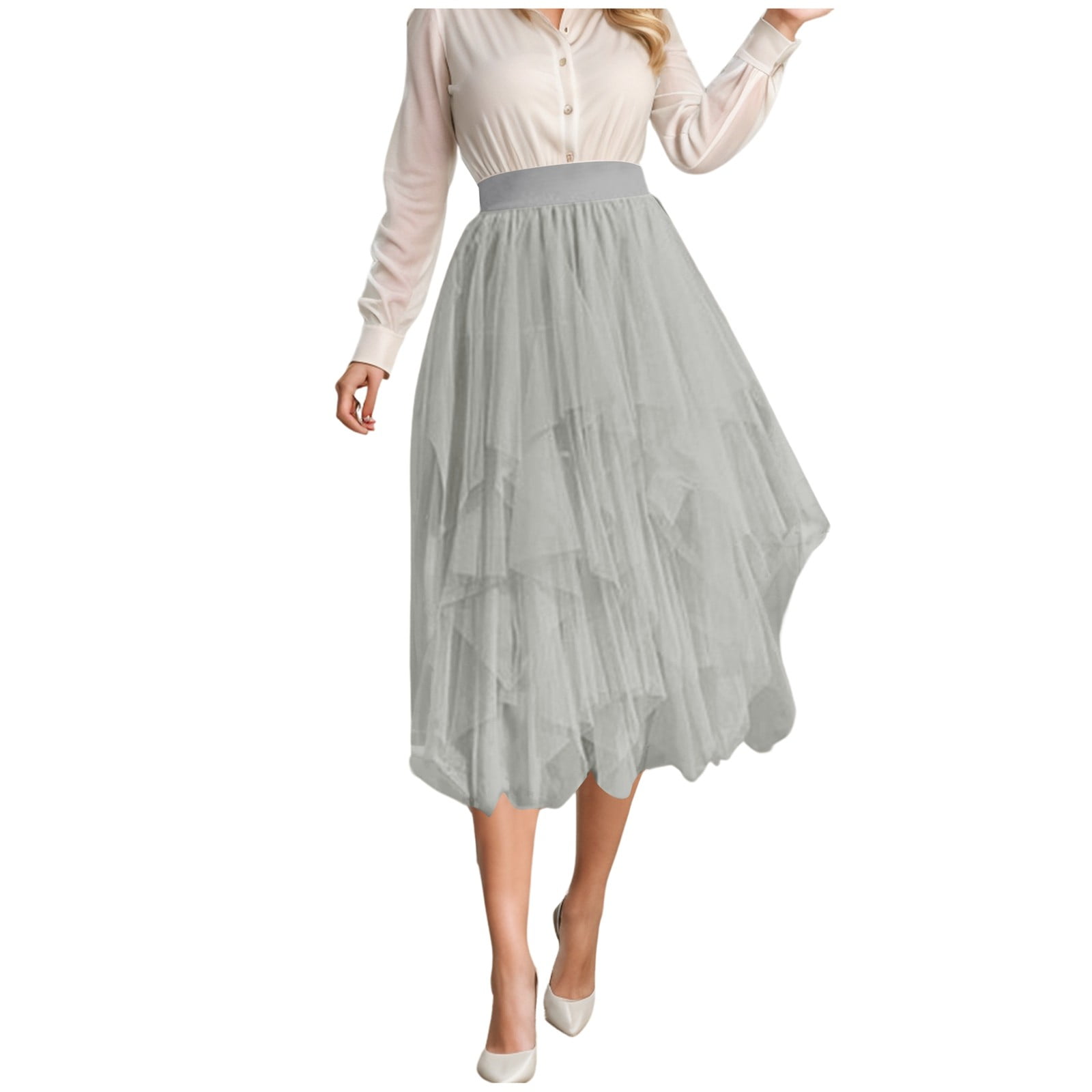 Bibifish Womens Skirts High Waist Midi Length Irregular Mesh Tulle ...